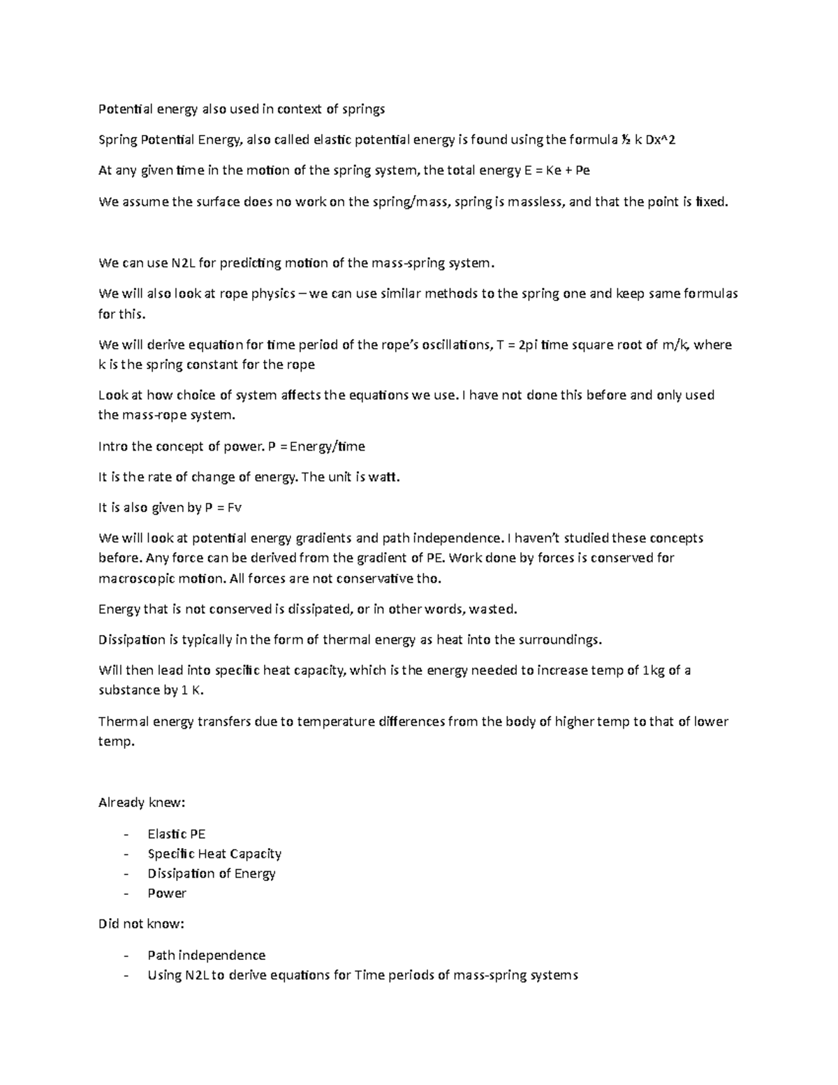 Week 9 preview - Potential energy also used in context of springs ...