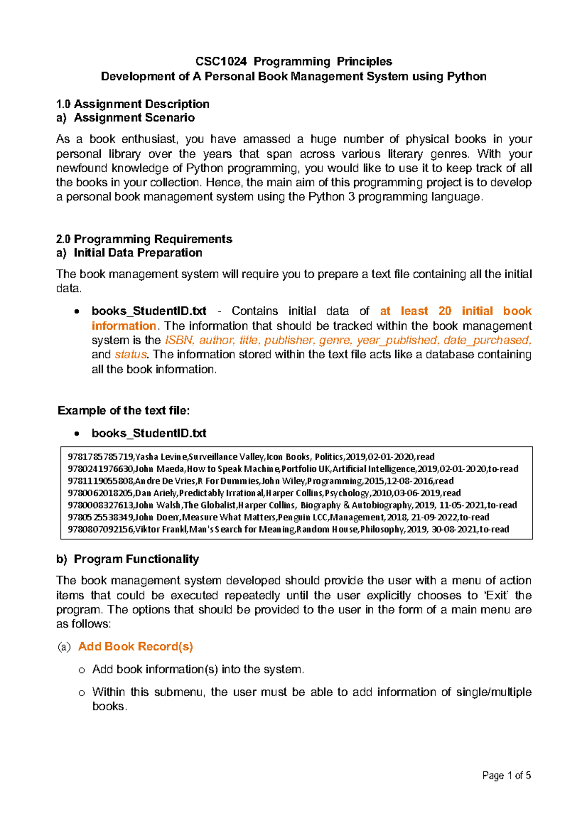 final assessment - CSC1024 Programming Principles Development of A Personal Book Management ...
