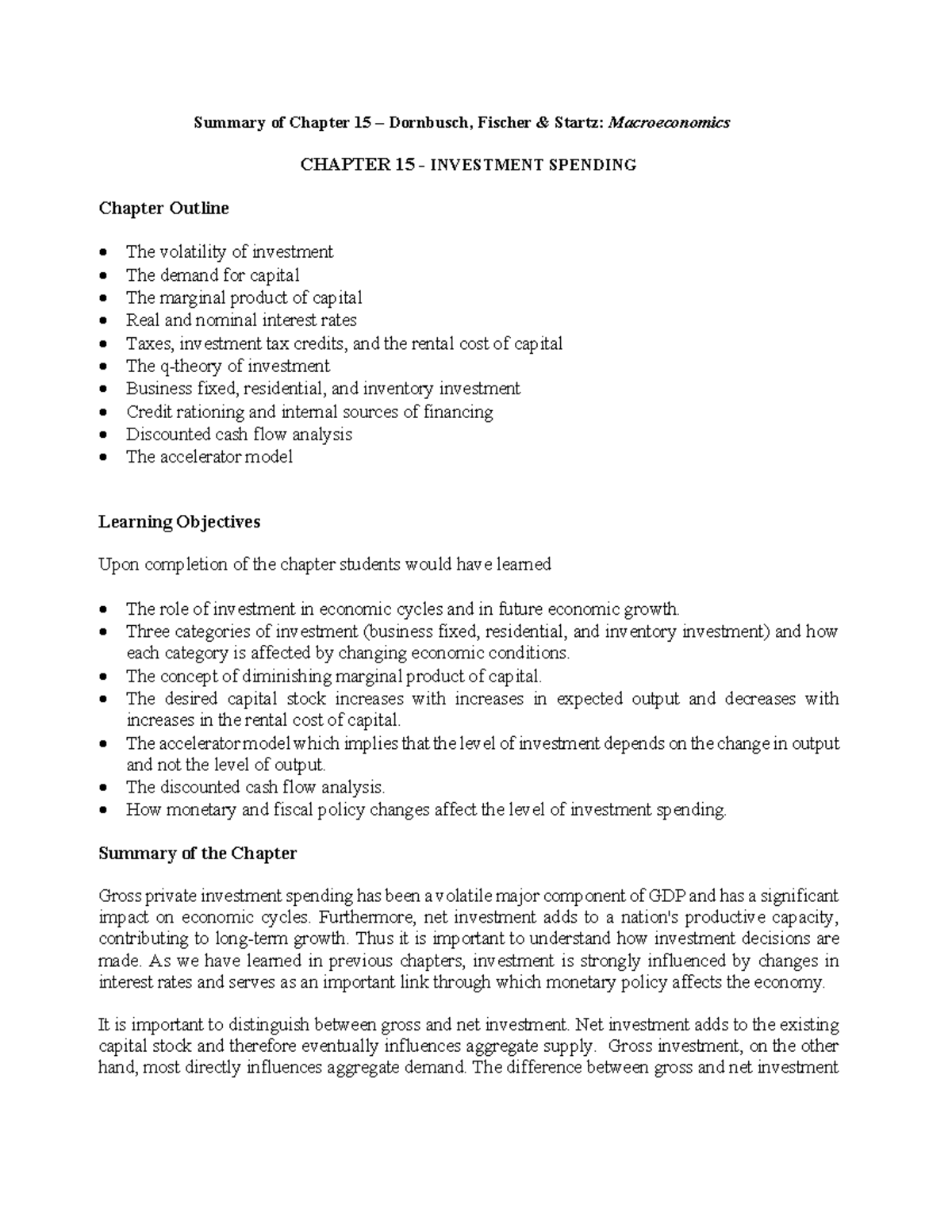 Summary Chapter 15 - Summary of Chapter 15 – Dornbusch, Fischer ...