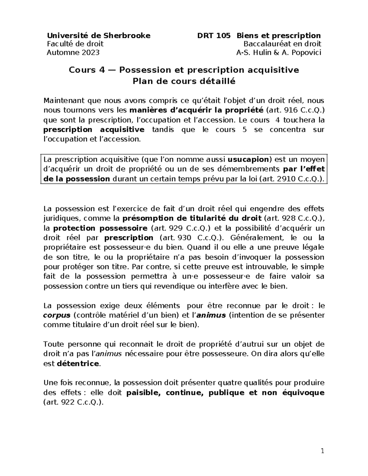 DRT 105 - Résumé cours 4 - Université de Sherbrooke DRT 105 Biens et ...