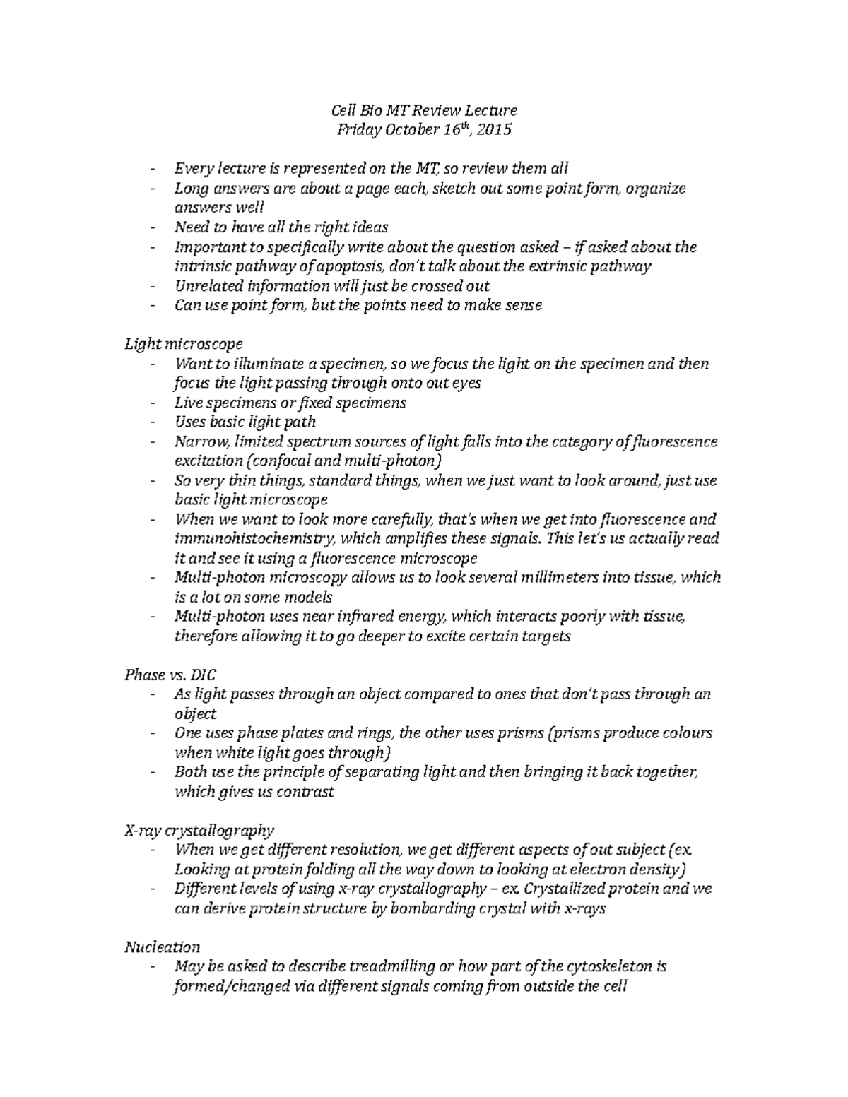 Lecture notes, Cell Bio Review Lecture - Cell Bio MT Review Lecture ...
