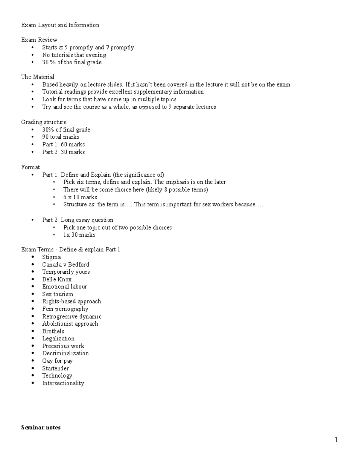 Exam Layout Summary Sex Work And Sex Workers Exam Layout And