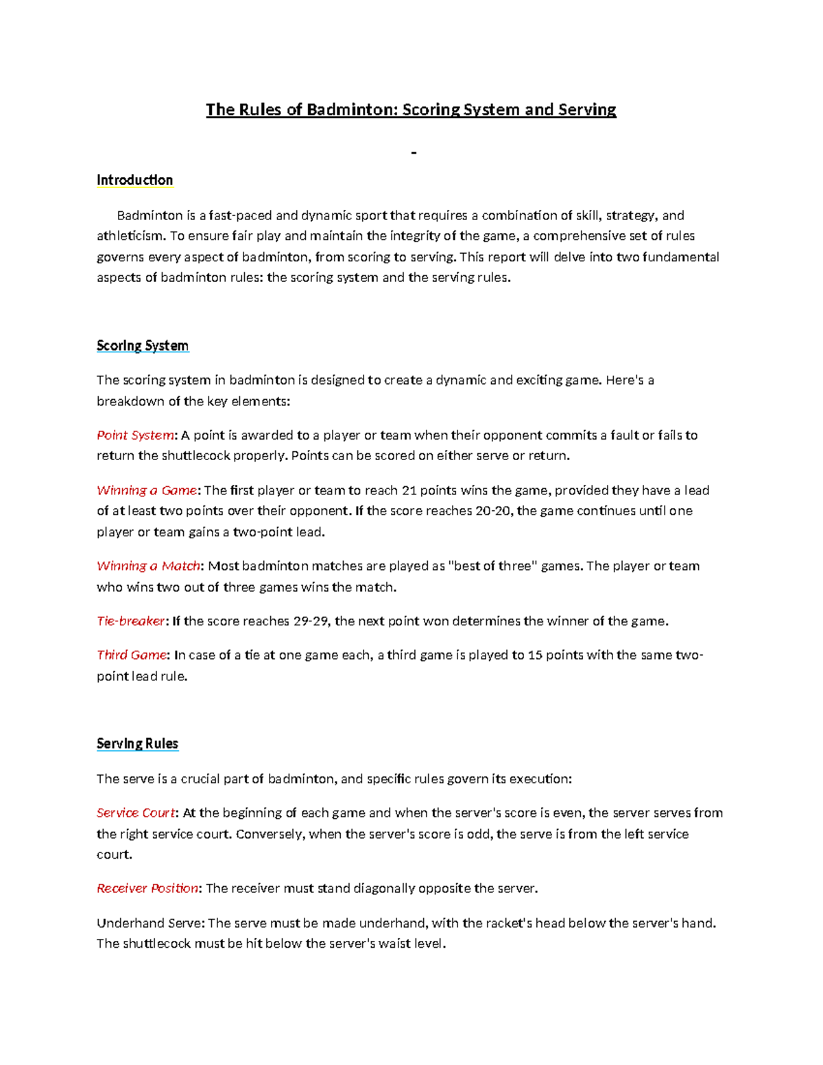 Physical Education - PE_ESSAY ABOUT BADMINTON - The Rules of Badminton ...