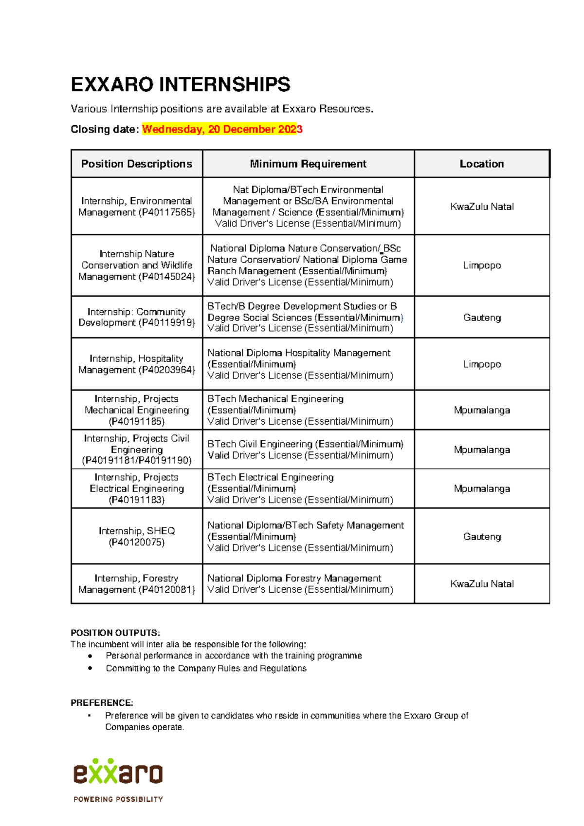 Exxaro Internships Advert Dec 2023 - EXXARO INTERNSHIPS Various Internship positions are ...