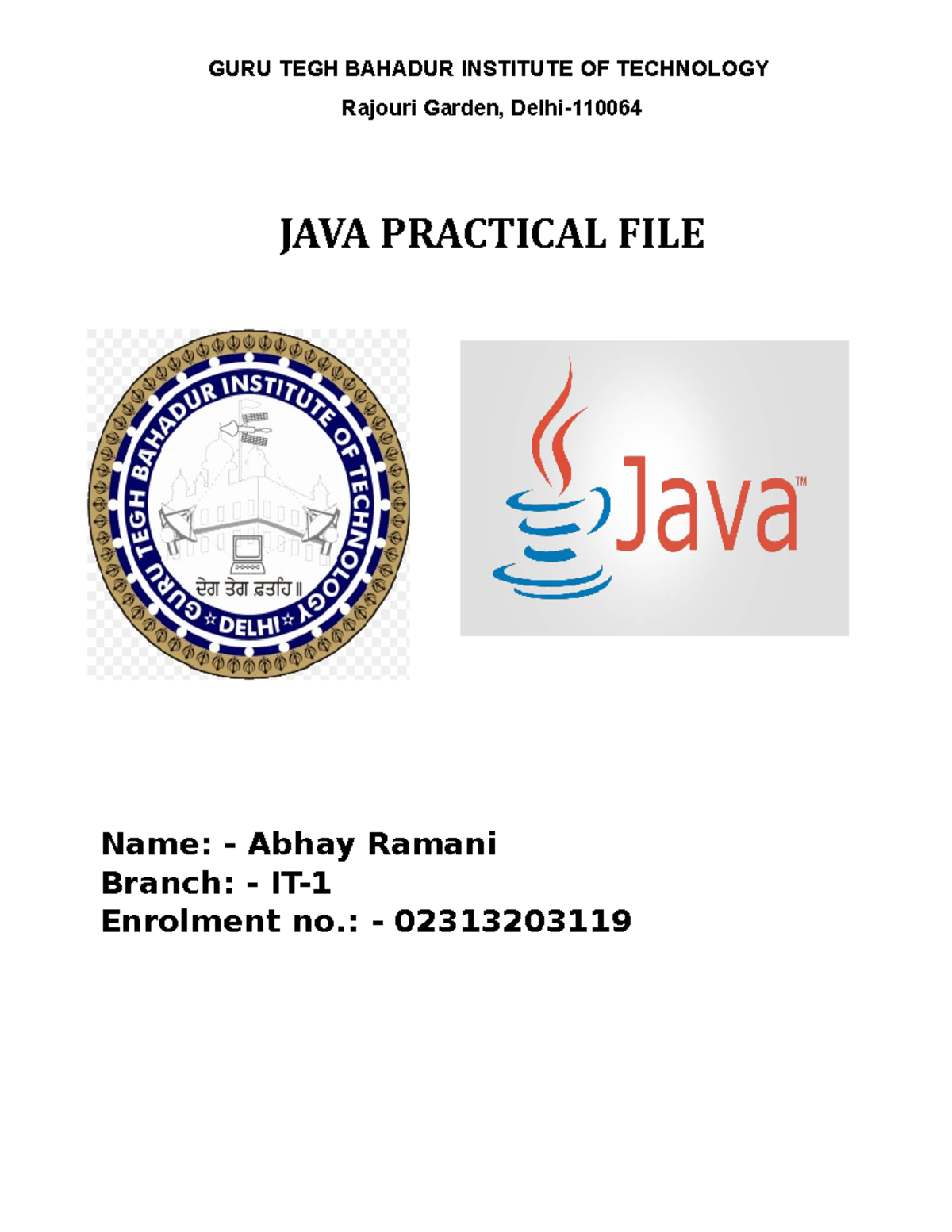 023 Abhay Ramani javafile - GURU TEGH BAHADUR INSTITUTE OF TECHNOLOGY ...