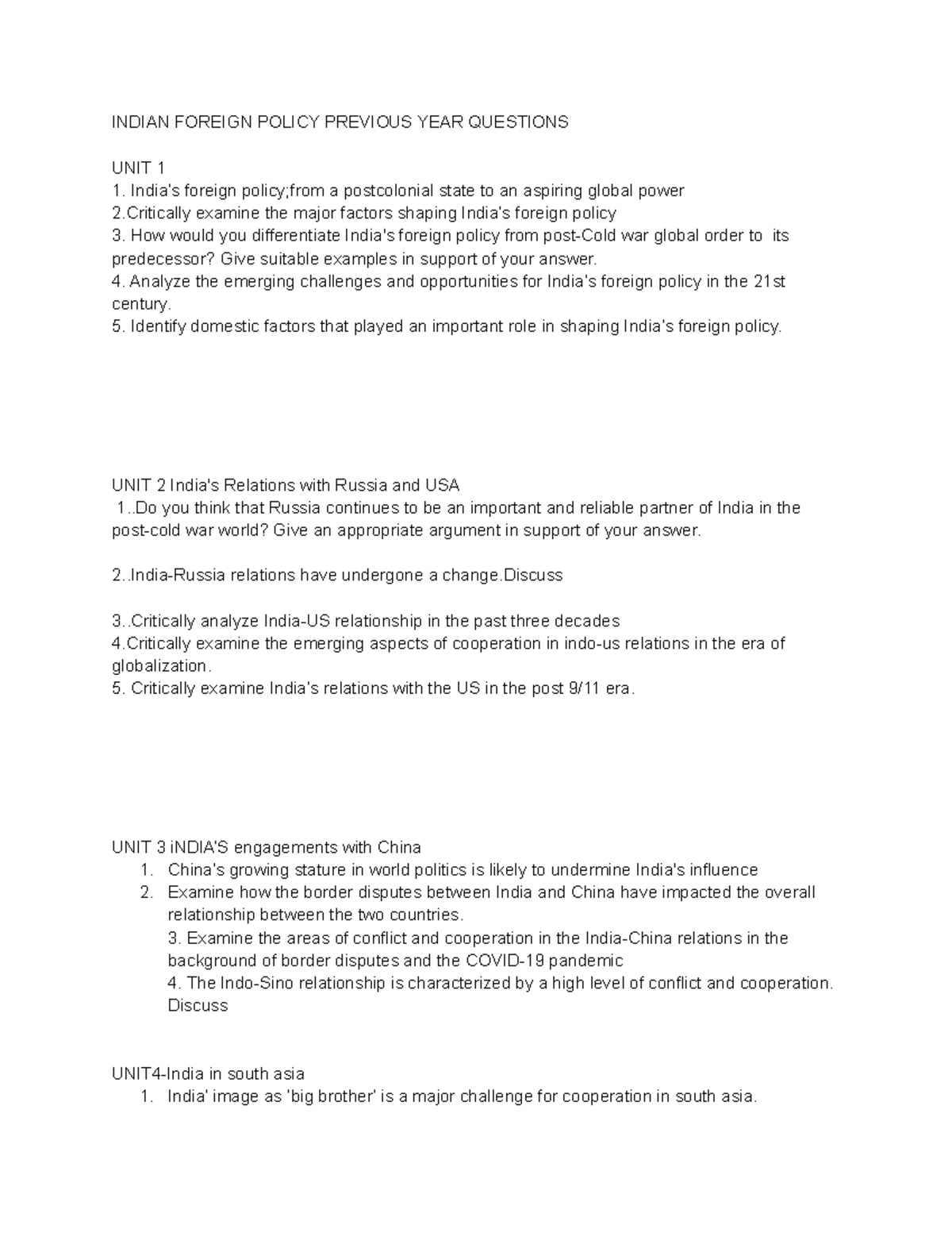 Indian Foreign Policy Previous YEAR Questions - INDIAN FOREIGN POLICY ...