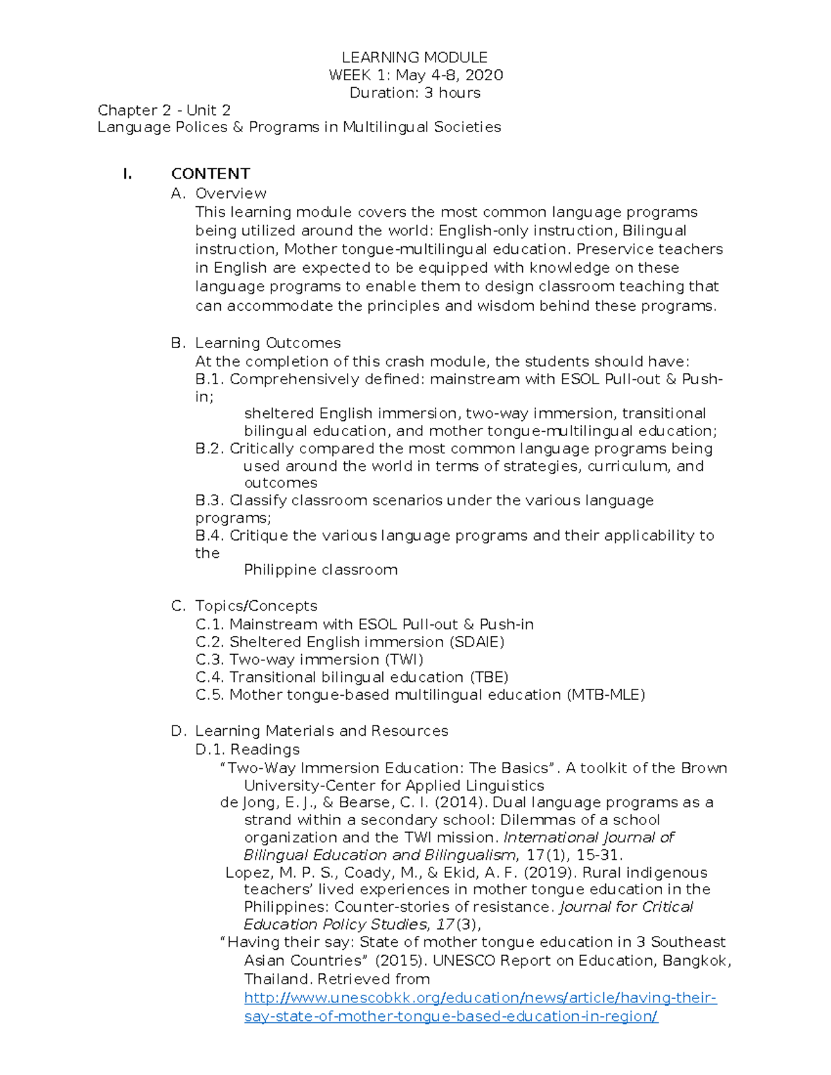 Lopez Final Learning Module 1 EL104 4242020 - LEARNING MODULE WEEK 1 ...