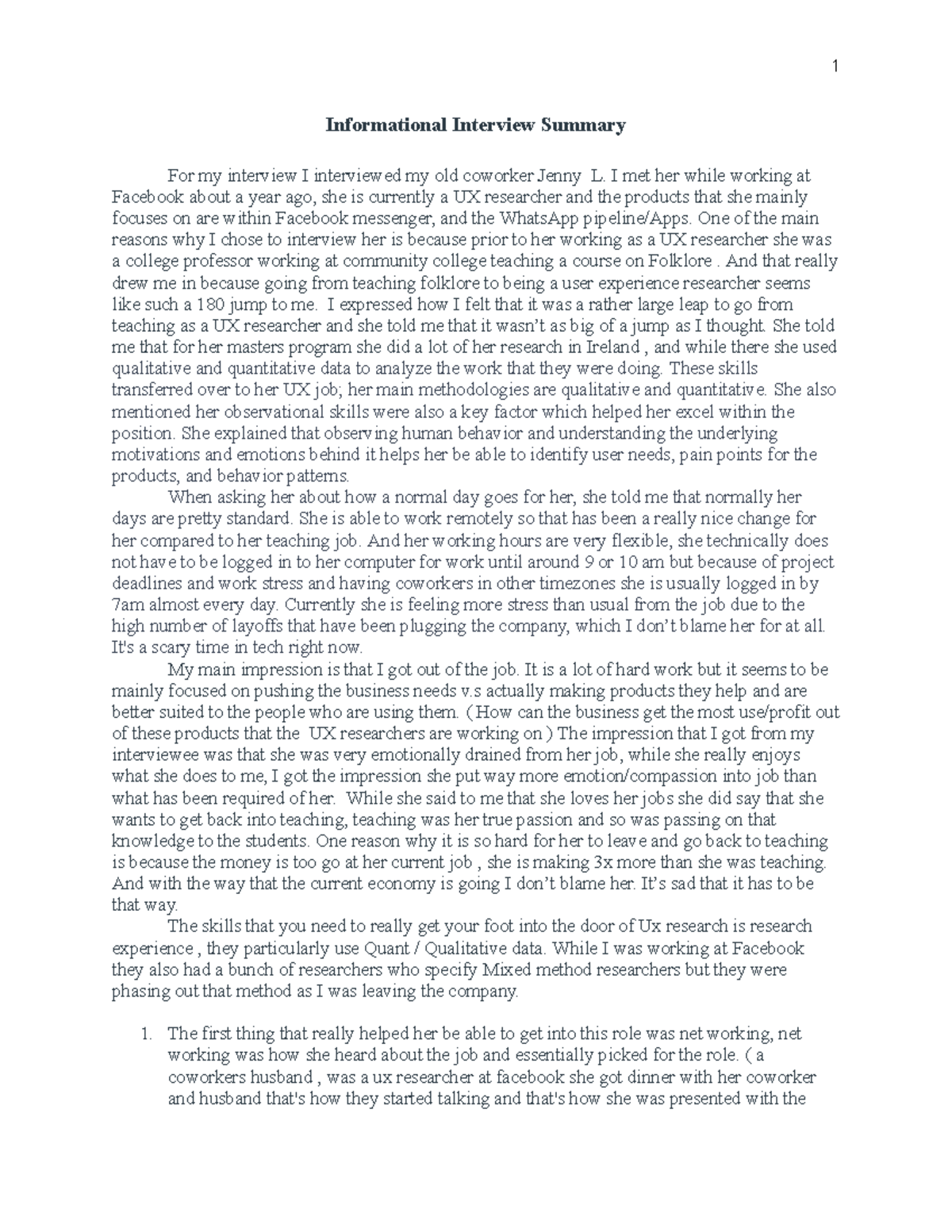 Informational Interview Summary - I met her while working at Facebook ...