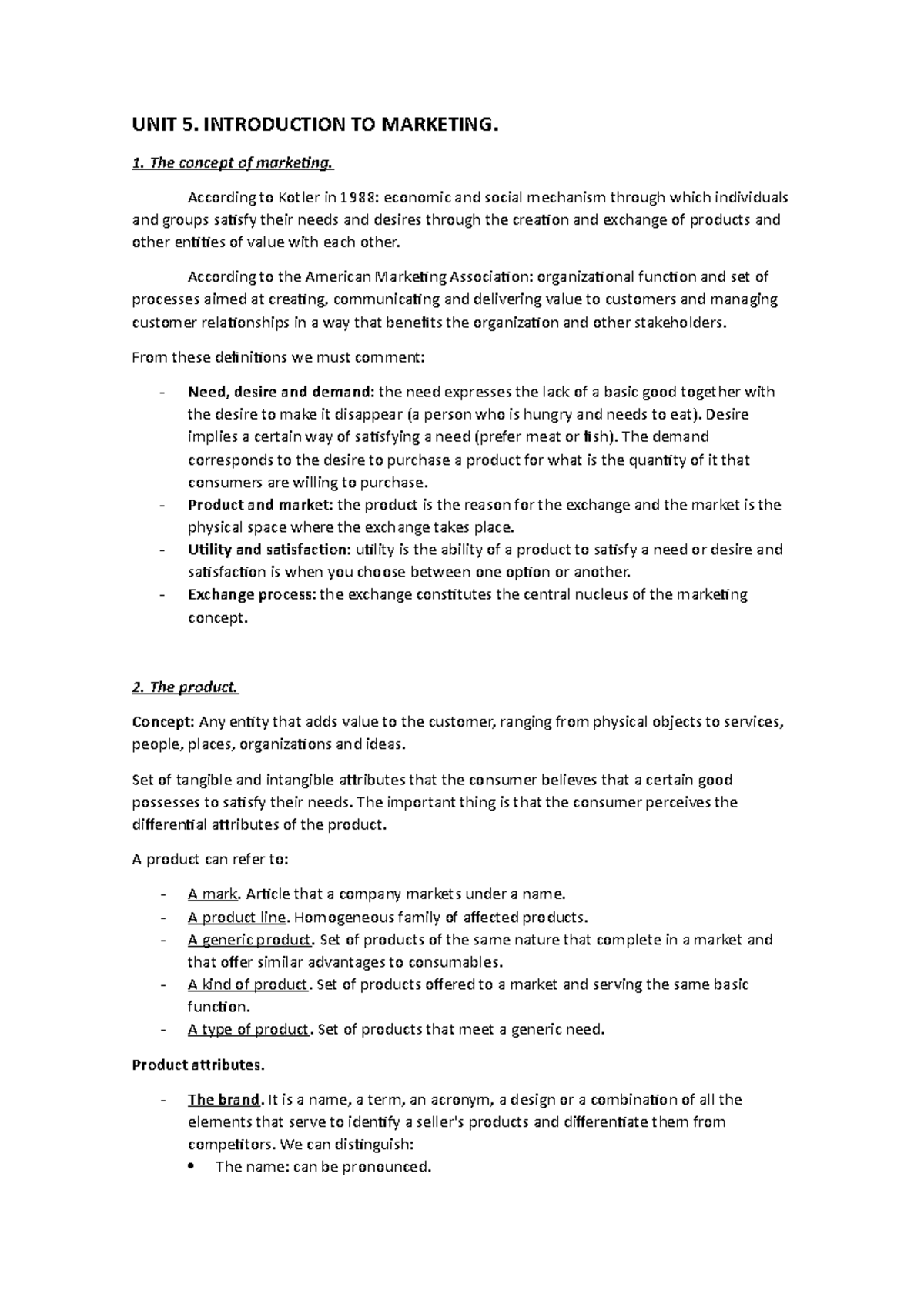 Lesson 5 - Lecture notes 5 - UNIT 5. INTRODUCTION TO MARKETING. 1. The ...