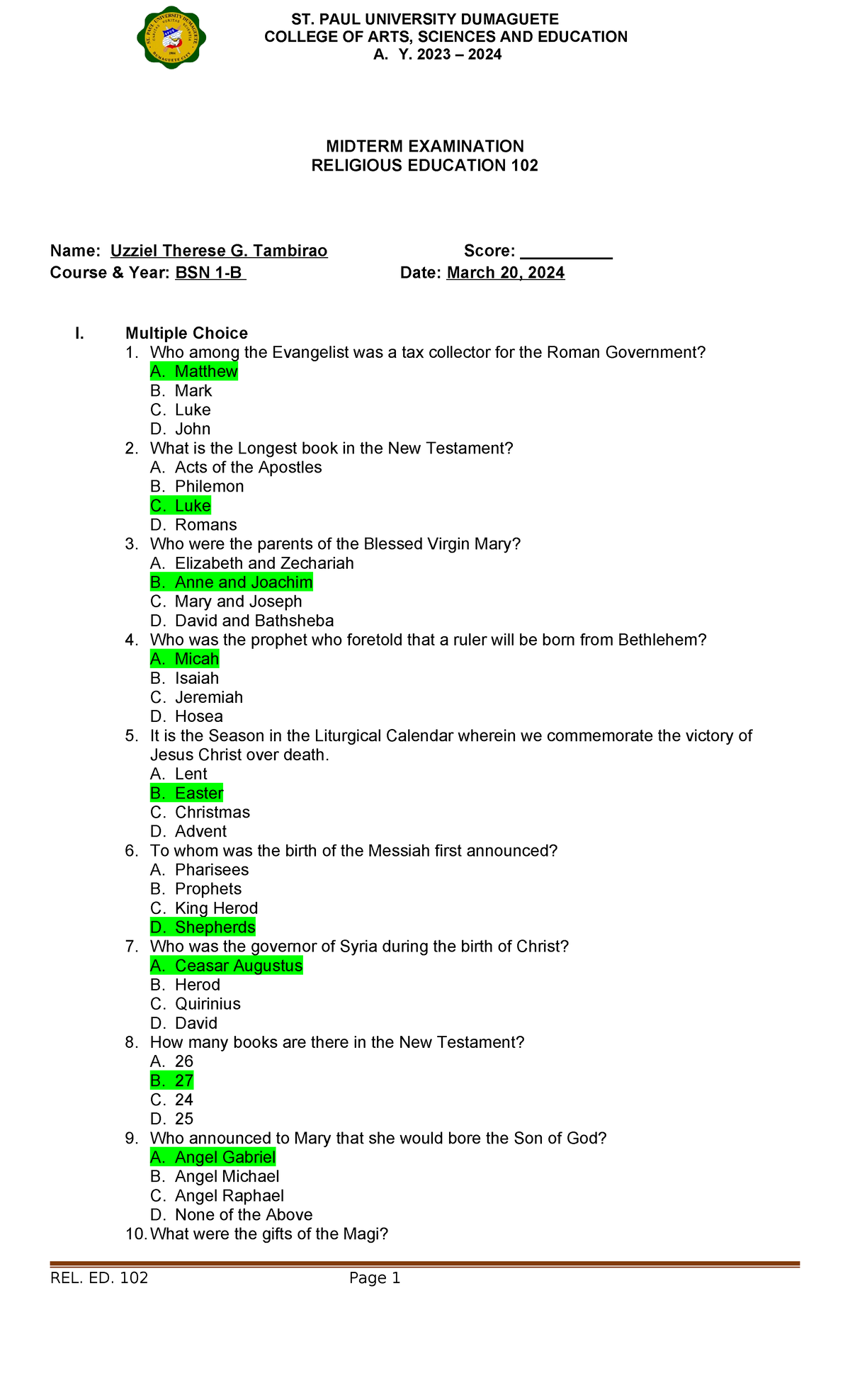 REL.ED. 102 2024 - COLLEGE OF ARTS, SCIENCES AND EDUCATION A. Y. 2023 ...