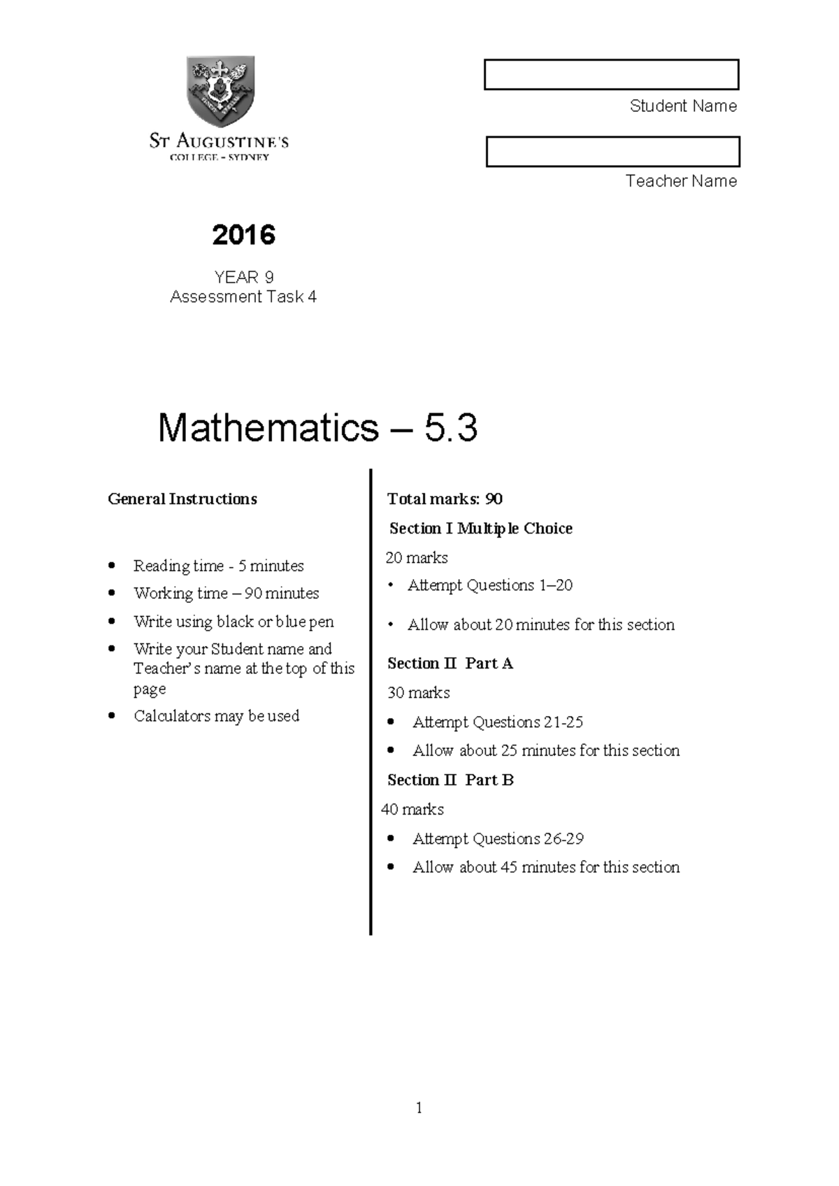 9 Mathematics 5.3 Task 4 2016 - Student Name Teacher Name Mathematics ...