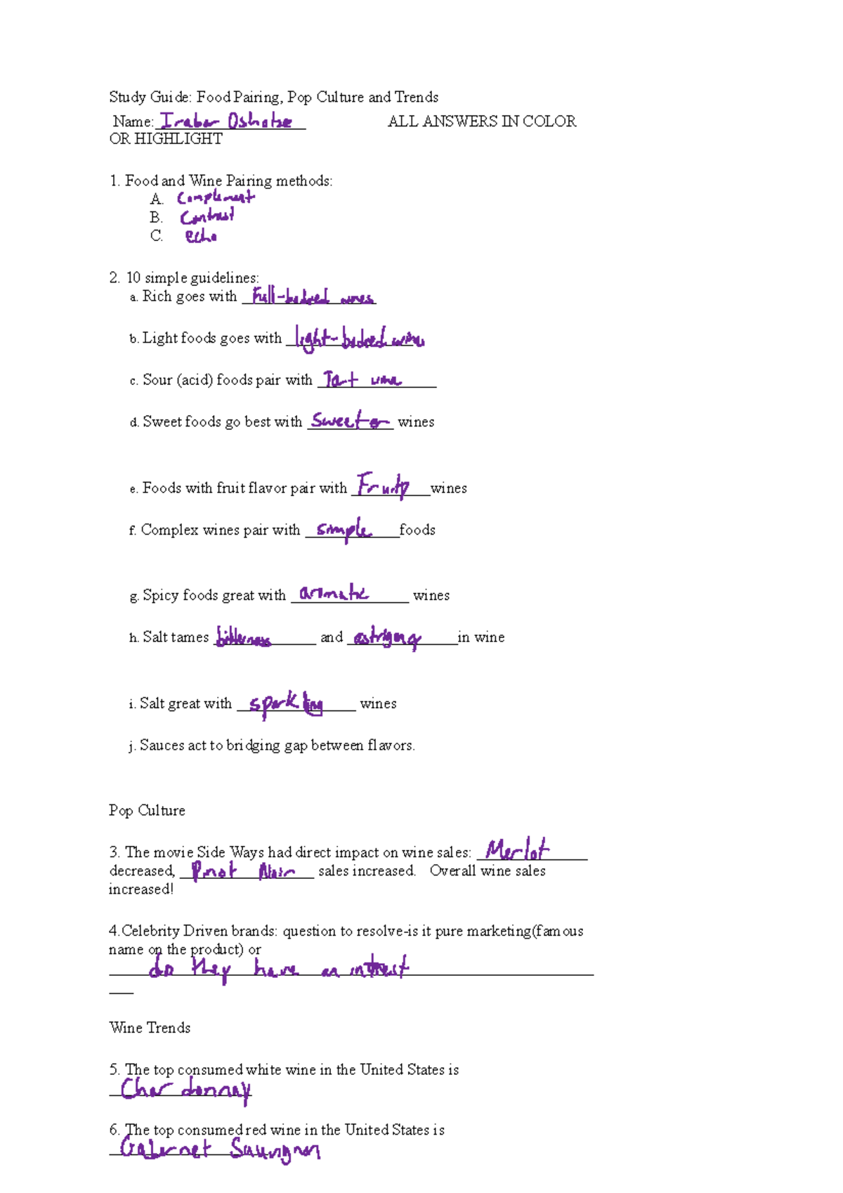 Food, Pop Culture Trends S Guide converted - Study Guide: Food Pairing ...