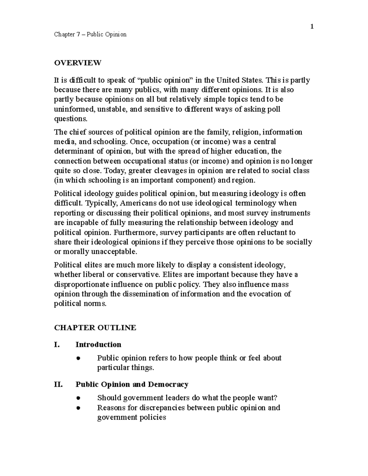 Chapter 7 – Public Opinion - Chapter 7 – Public Opinion OVERVIEW It is ...