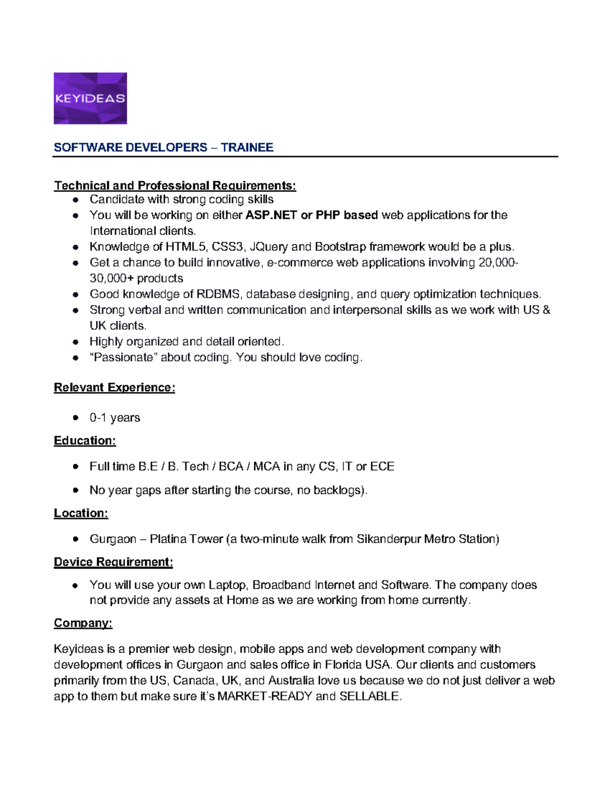 JD-SWDevelopers-Trainee - SOFTWARE DEVELOPERS – TRAINEE Technical and ...