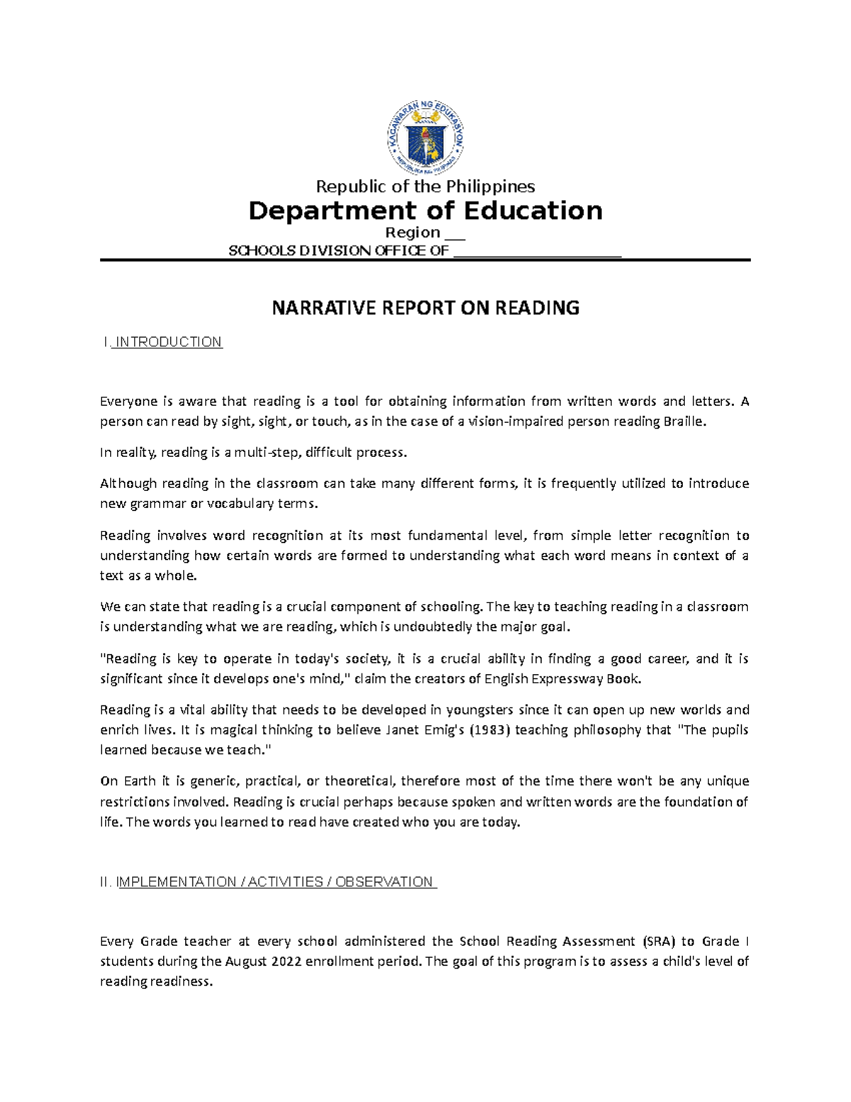 Narrative Report - Republic of the Philippines Department of Education ...