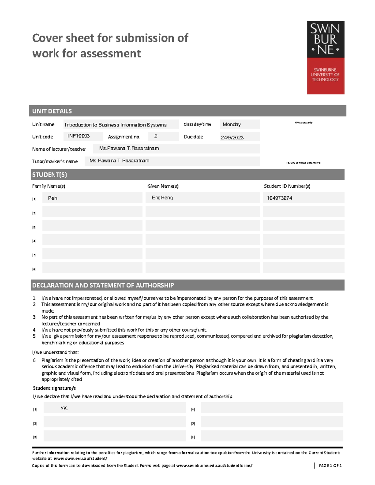 INF10003 Assignment 2 - only for review - Cover sheet for submission of ...