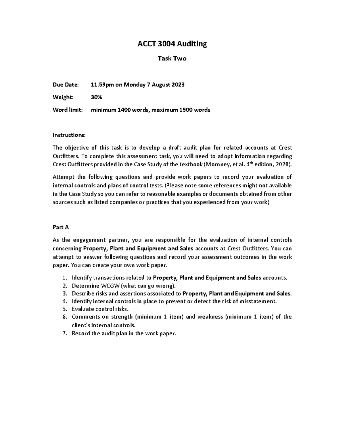 Assignment 2 - ACCT 3004 Auditing Task Two Due Date: 11 on Monday 7 ...