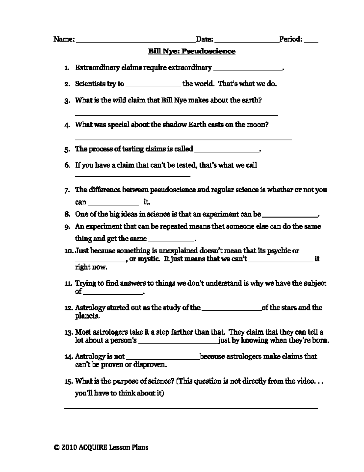 Bill Nye Pseudoscience Notes - Name: Date: Period: Bill Nye ...
