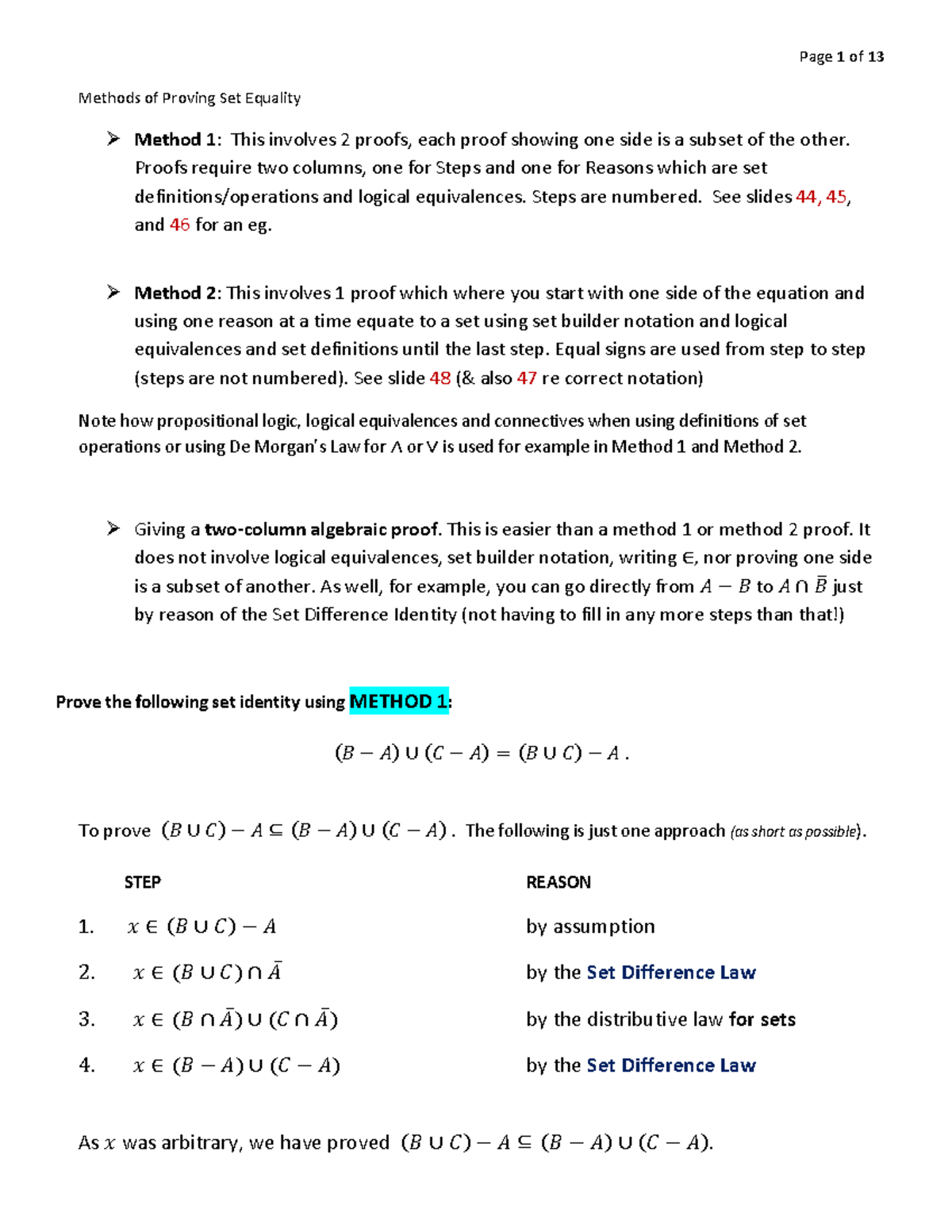 Proving Set Equalities, sections 2.2, 2.3, 2.4 exercises for class ...