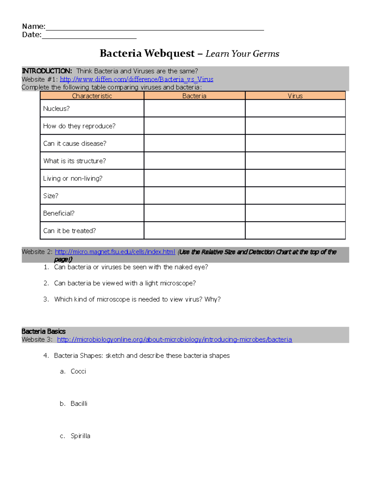 Bacteria Webquest - Name ...