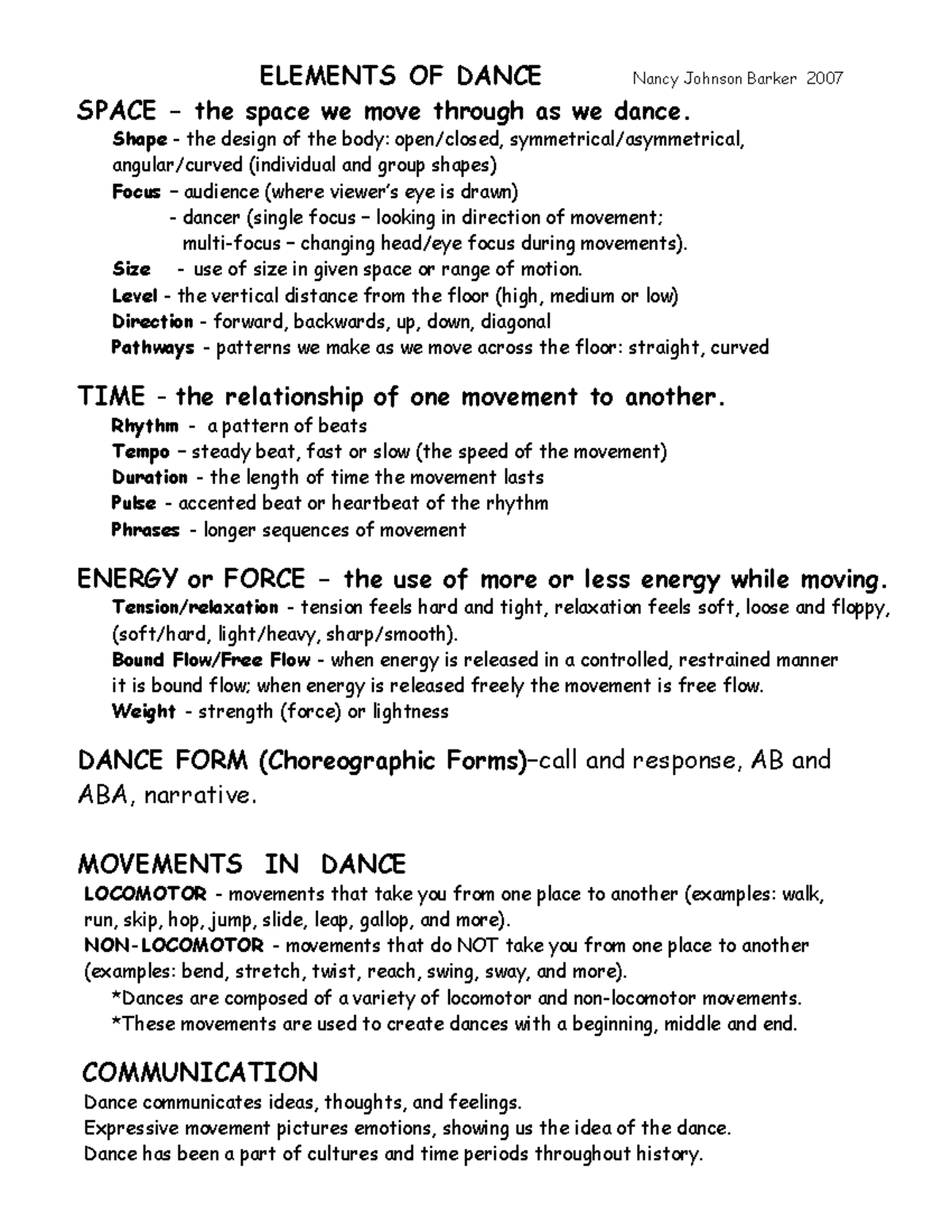 Dance Elements And Dance ELEMENTS OF DANCE Nancy Johnson Barker 2007