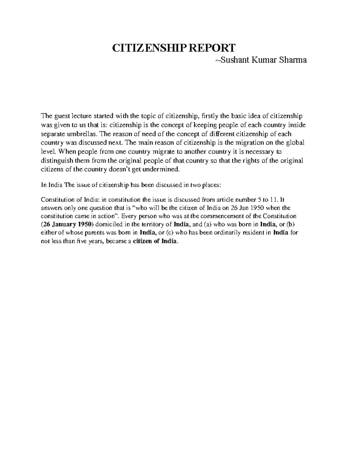 Citizenship Report - djkqwdknmqwkld - CITIZENSHIP REPORT ~Sushant Kumar ...