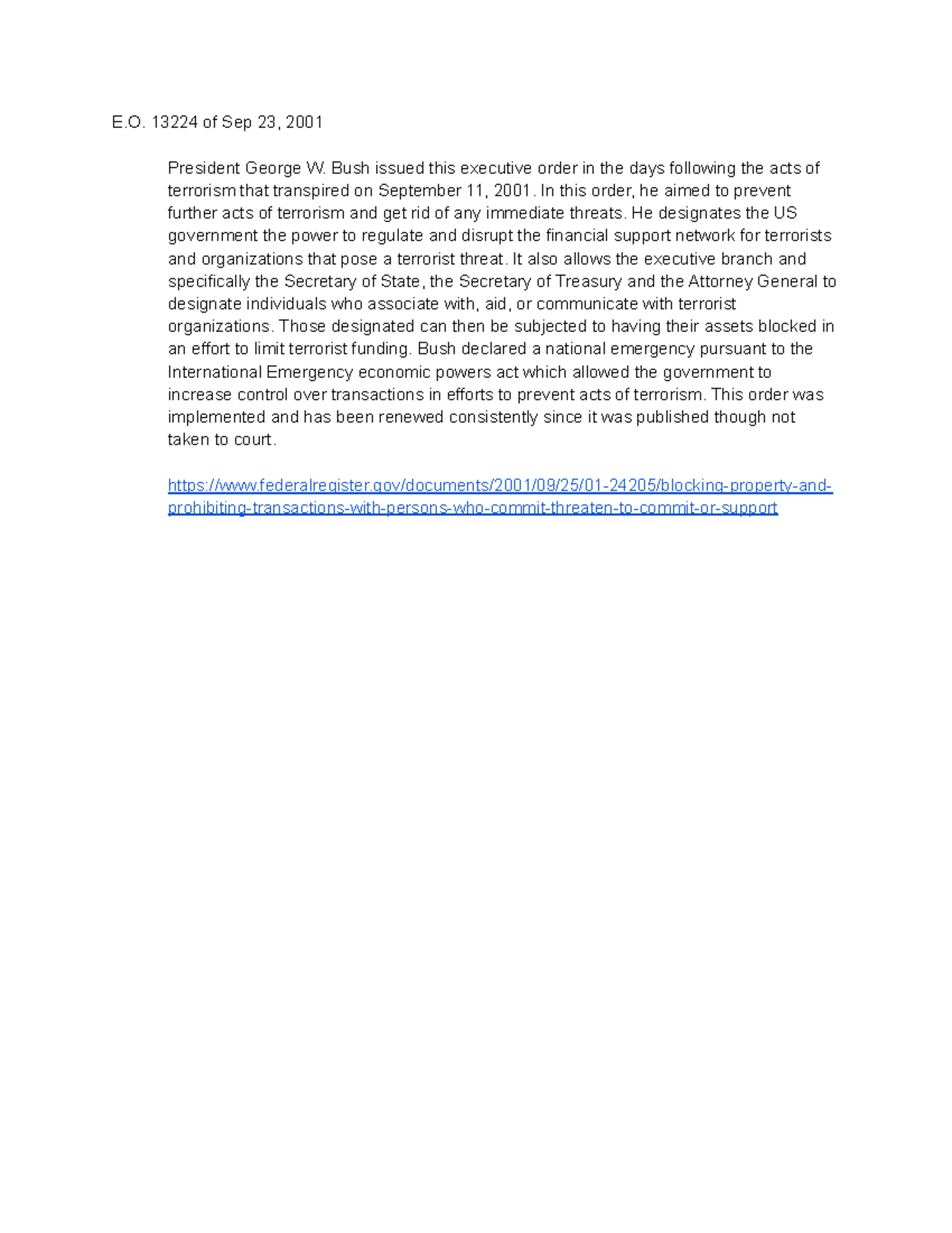 Executive Order Summary - E. 13224 of Sep 23, 2001 President George W ...
