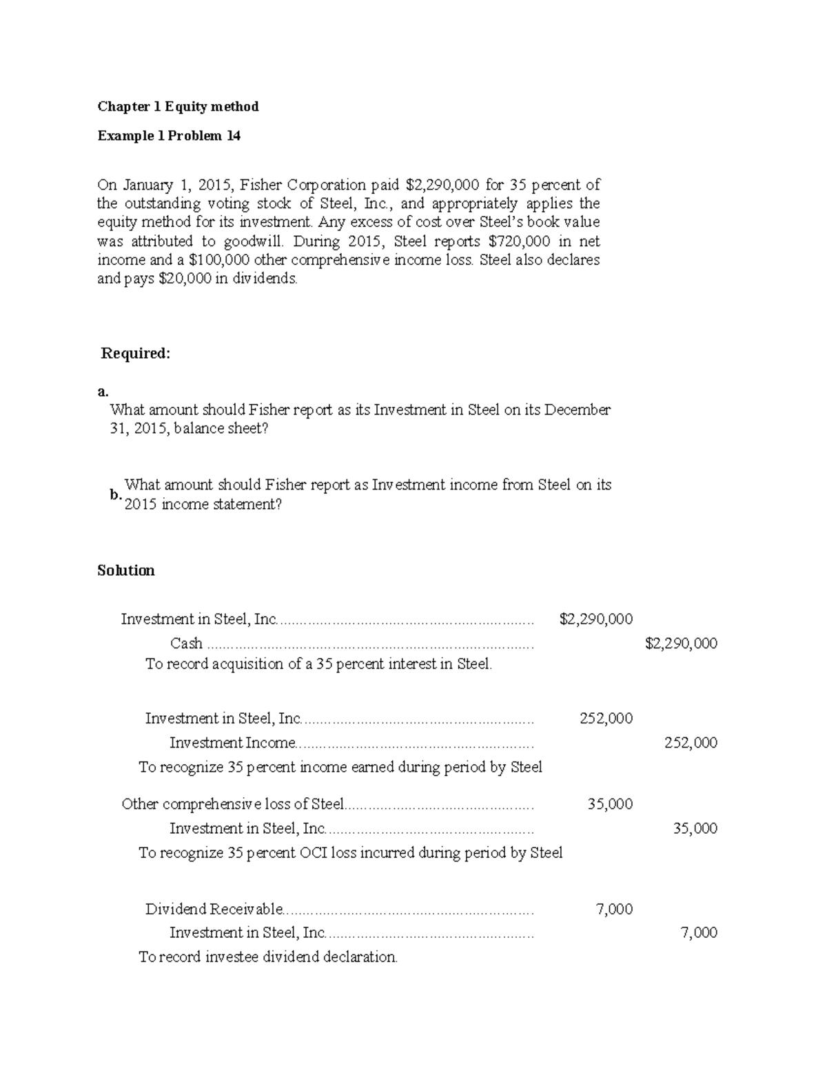 Ch.1 E - example for ch1 - Chapter 1 Equity method Example 1 Problem 14 ...