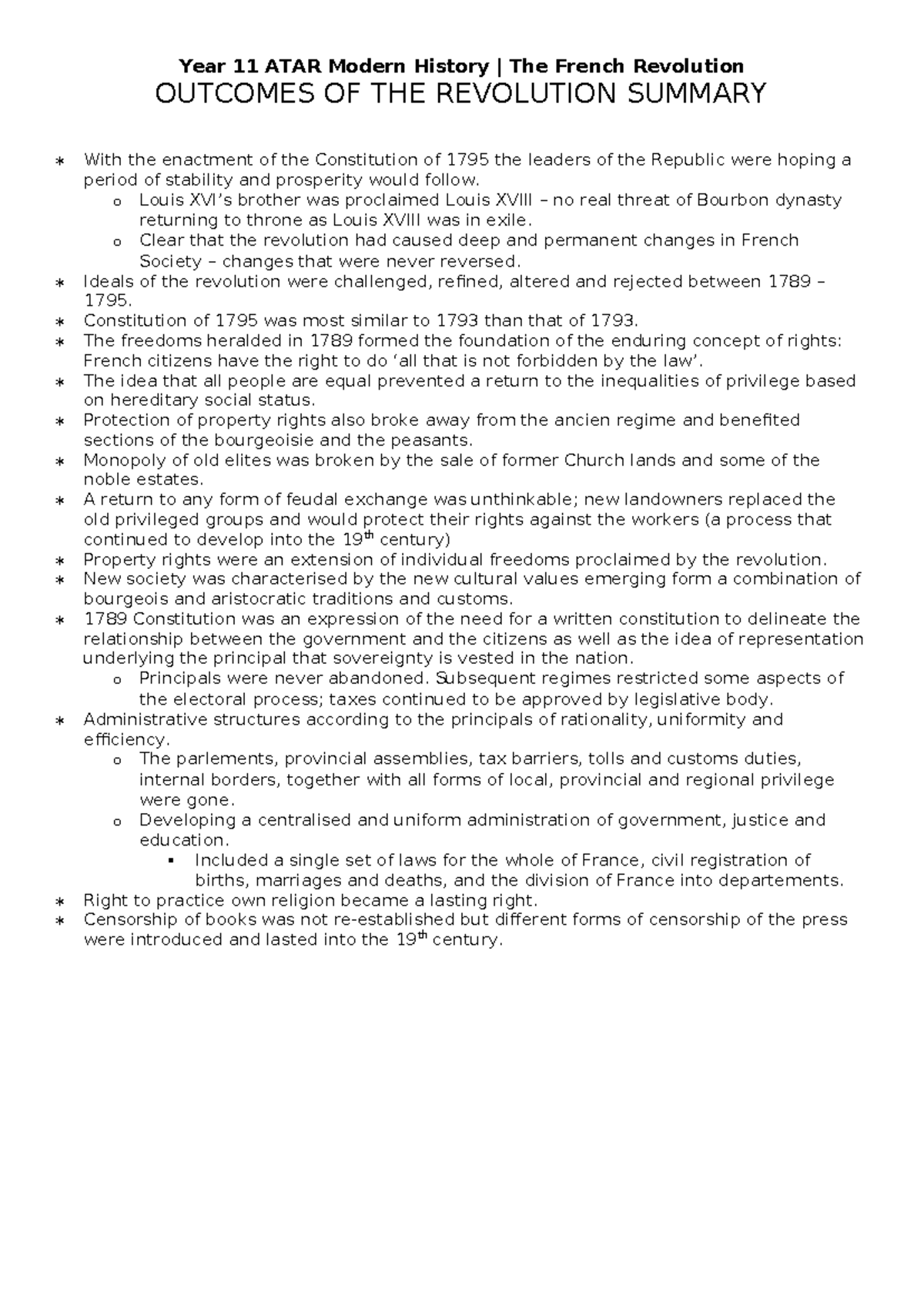 French Revolution Summary - Outcomes of the Revolution - Year 11 ATAR ...