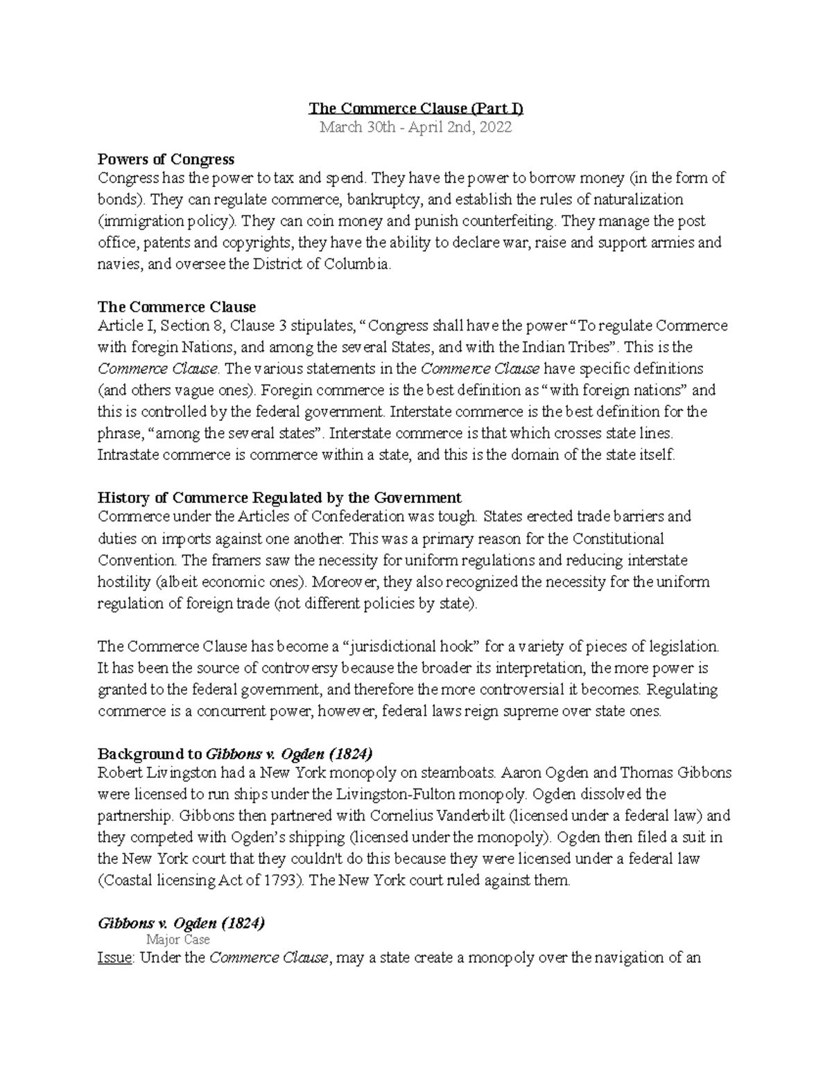 PLSC 471 Notes- The Commerce Clause (Part I) - The Commerce Clause ...