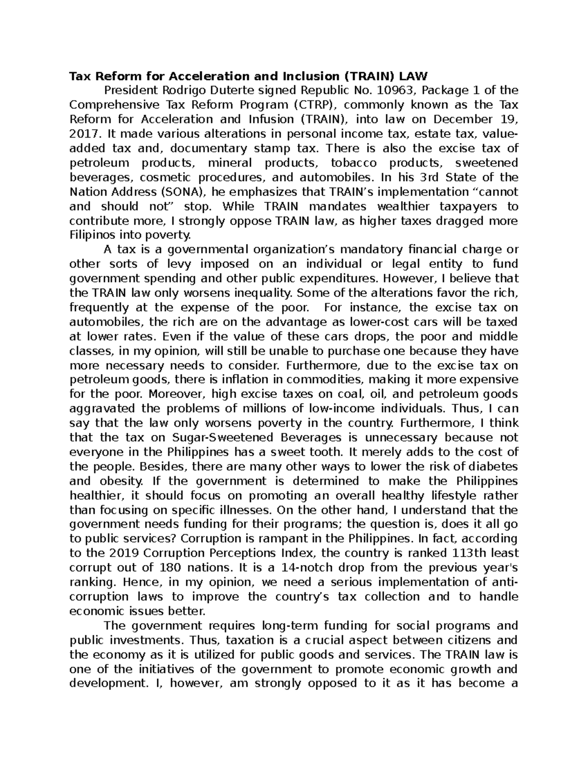 Train LAW - Tax Reform for Acceleration and Inclusion (TRAIN) LAW ...