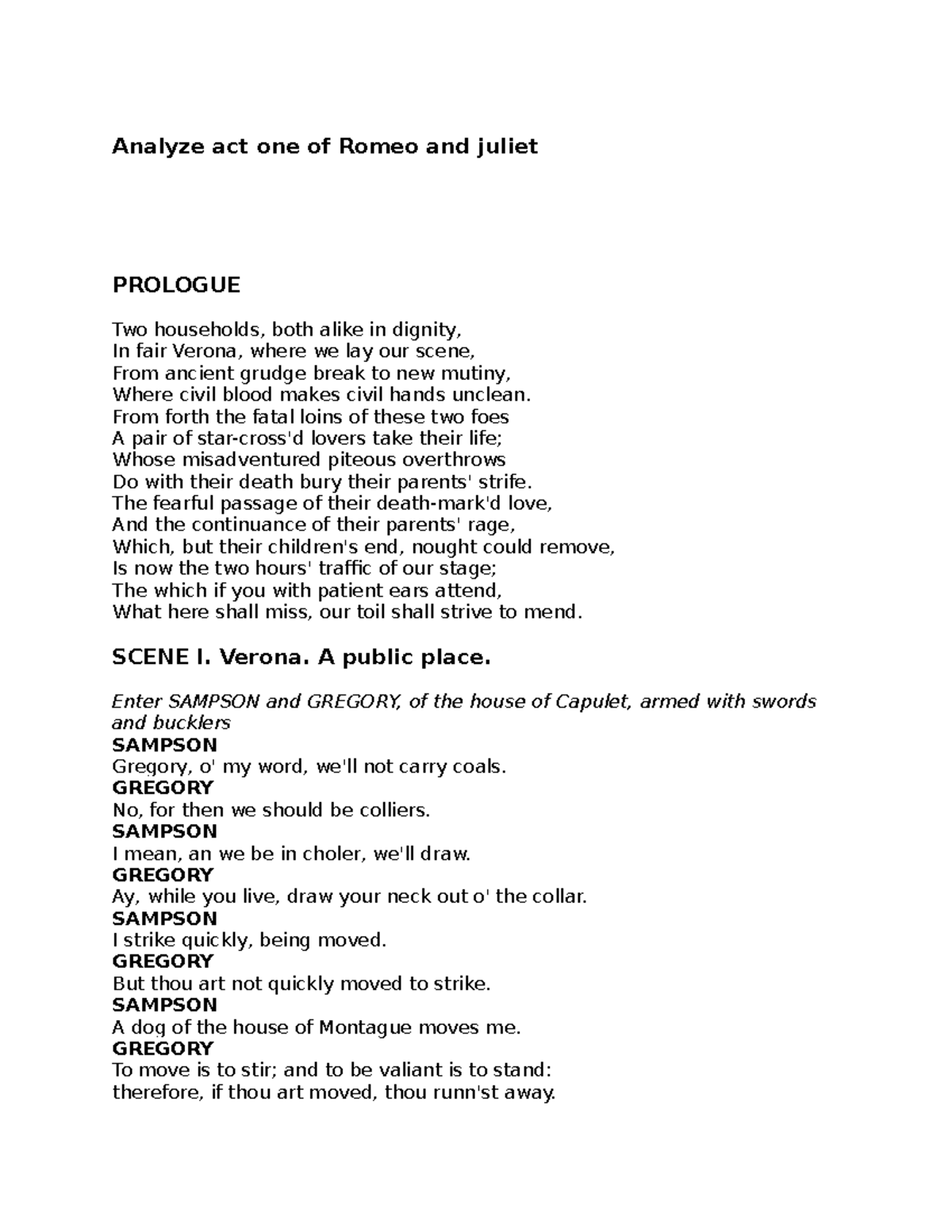 Analyze act one of Romeo and juliet - Analyze act one of Romeo and ...