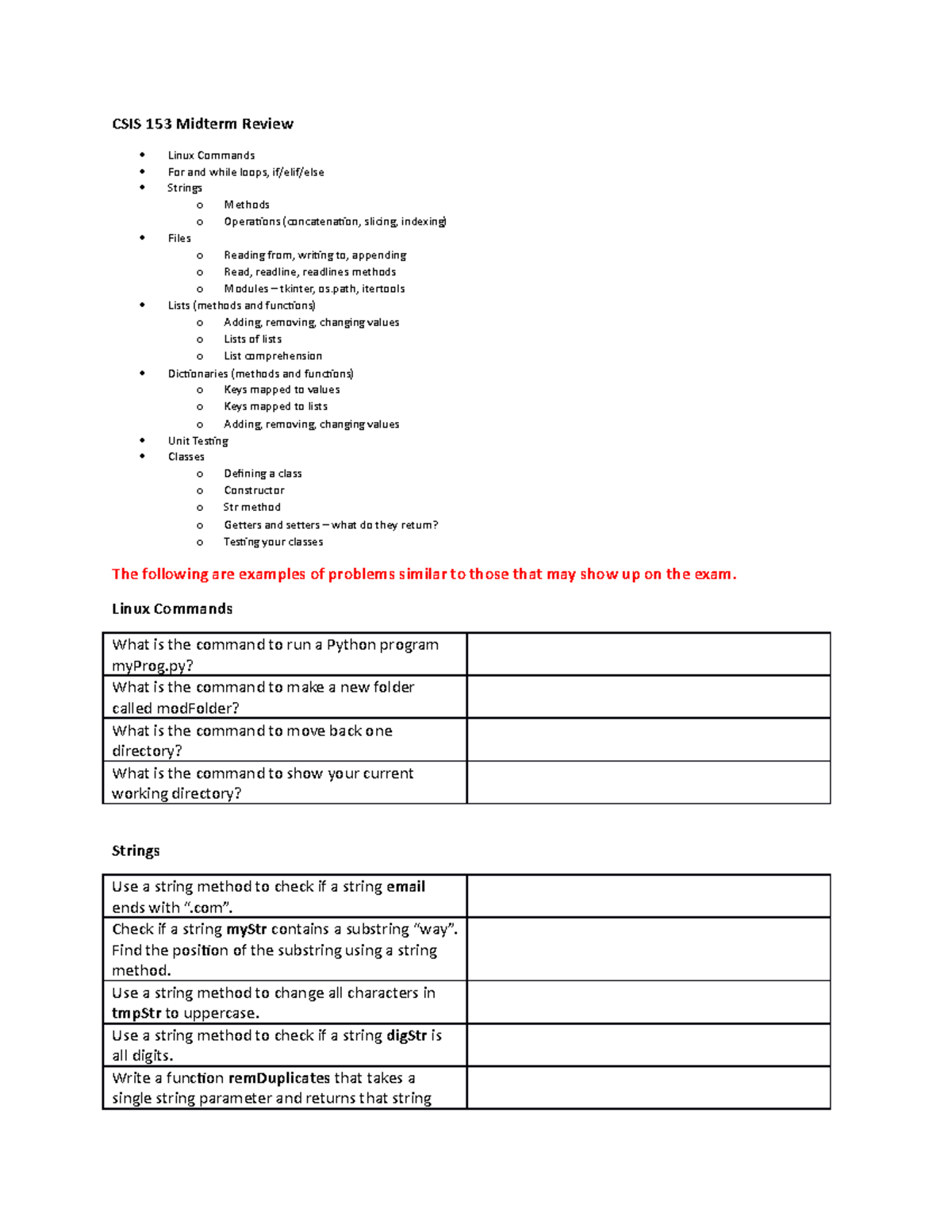 CSIS 153 Midterm Review - CSIS 153 Midterm Review Linux Commands For and while loops, - Studocu