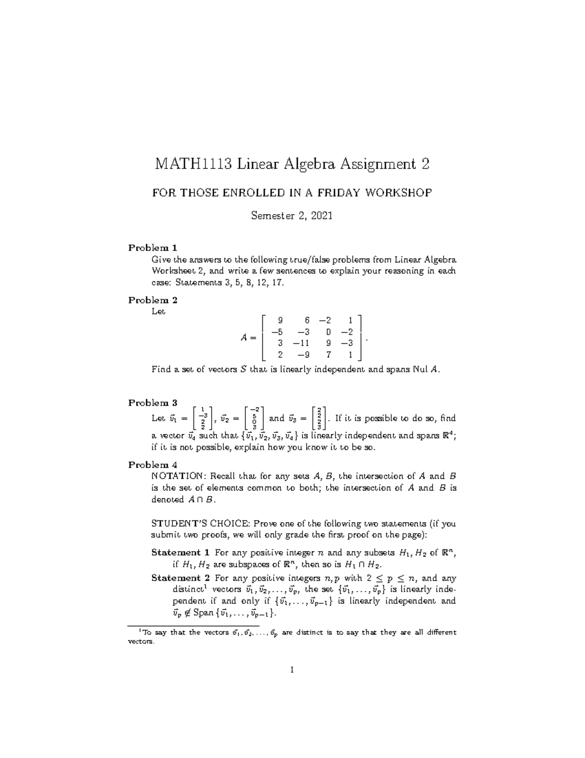 Linear Algebra Assignment 2 Friday - MATH1113 Linear Algebra Assignment ...