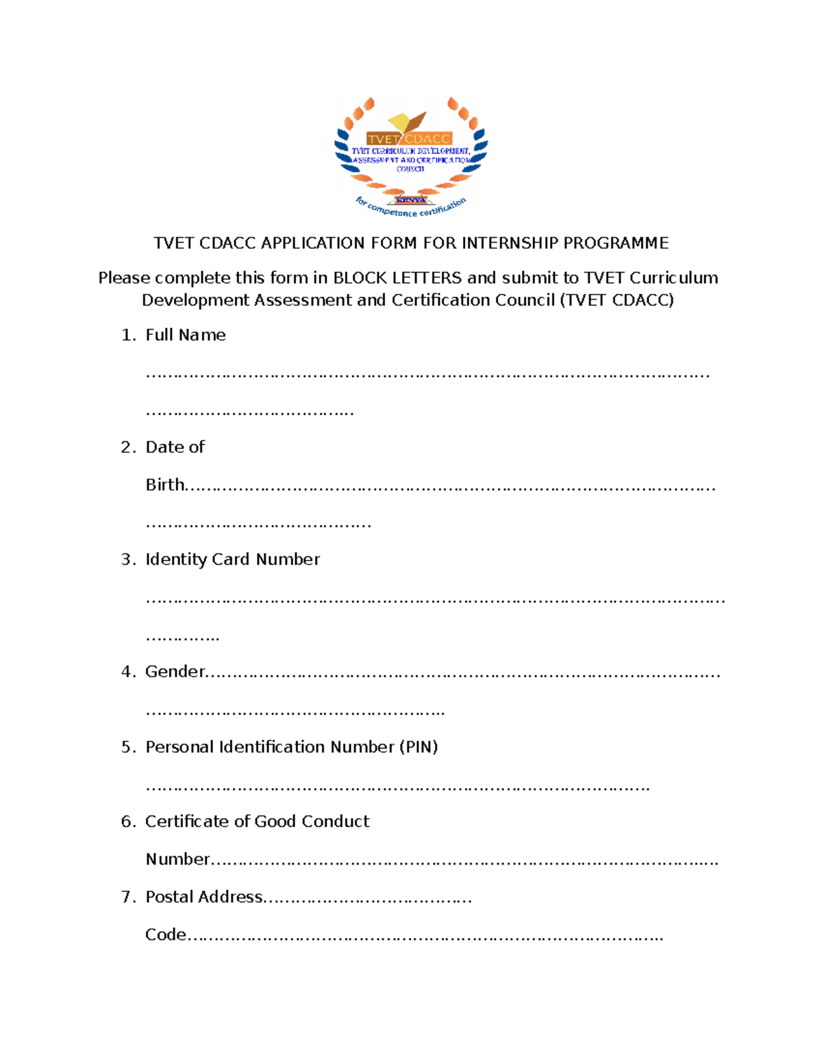 TVET Cdacc Internship Application Form 2020INTERNSH - TVET CDACC ...