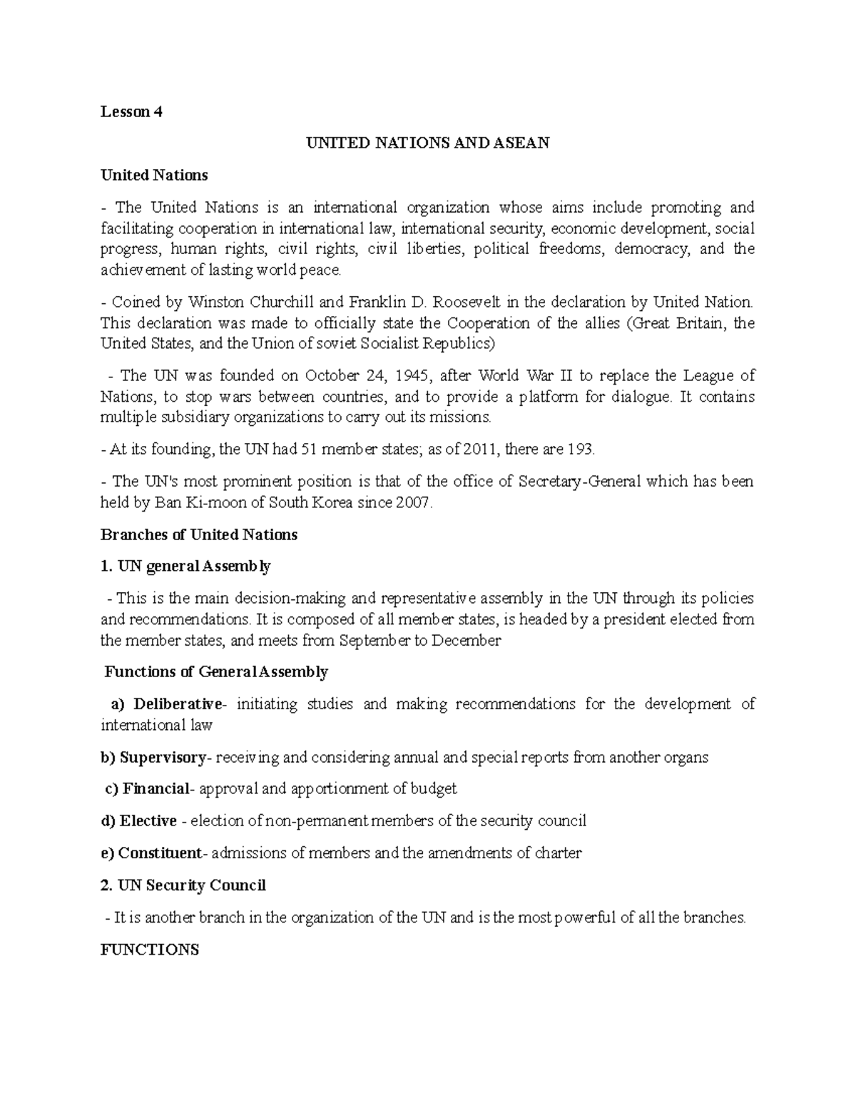 United Nations AND Asean Lesson 4 - Lesson 4 UNITED NATIONS AND ASEAN ...