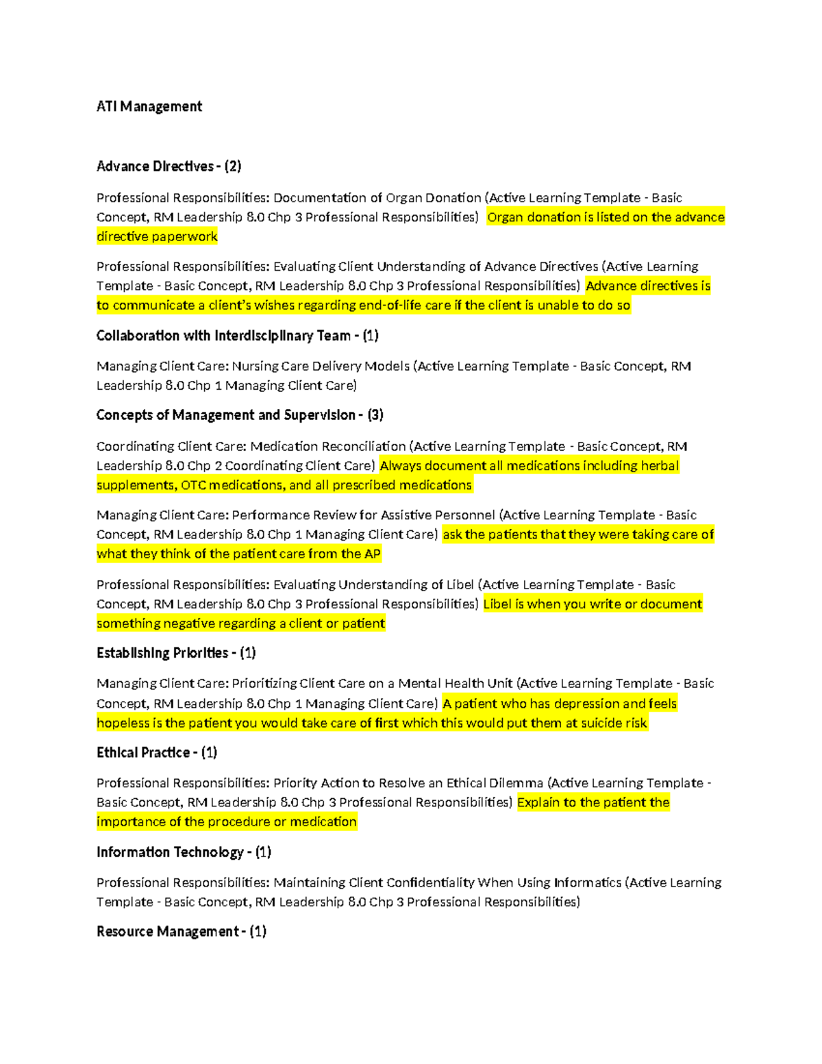 Study guide for management - ATI Management Advance Directives - (2 ...