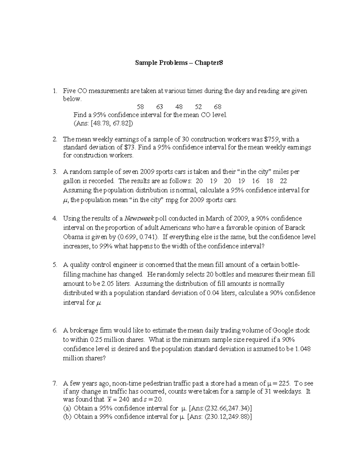 Sample problems-chapter 8-part2 - Sample Problems – Chapter Five CO measurements are taken at ...