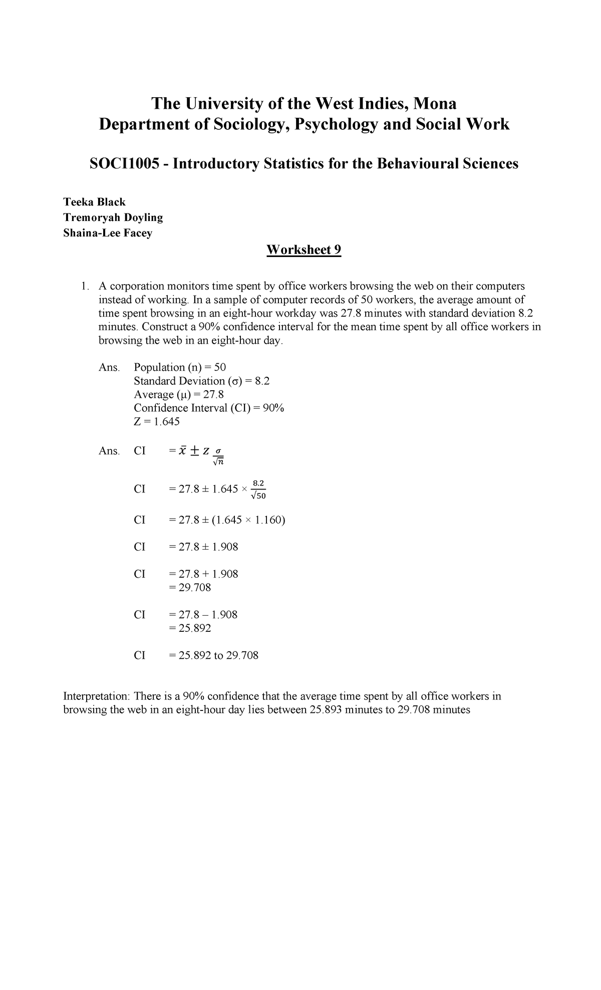 Worksheet Activity For Tutorial Week Nine - Introduction to Statistics ...