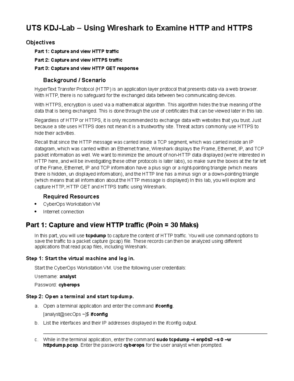 Comp 3533 Lab 2 Uts Kdj Lab Using Wireshark To Examine And Objectives Part 