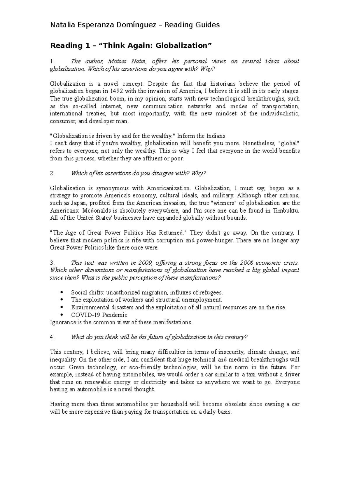 Reading Guides - Reading 1 – “Think Again: Globalization” The author ...