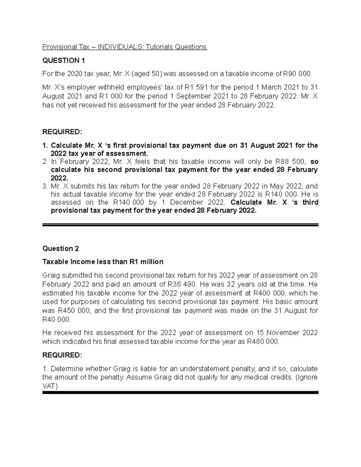 Provisional Tax - Individuals Tutorial Questions 2022 - Provisional Tax ...