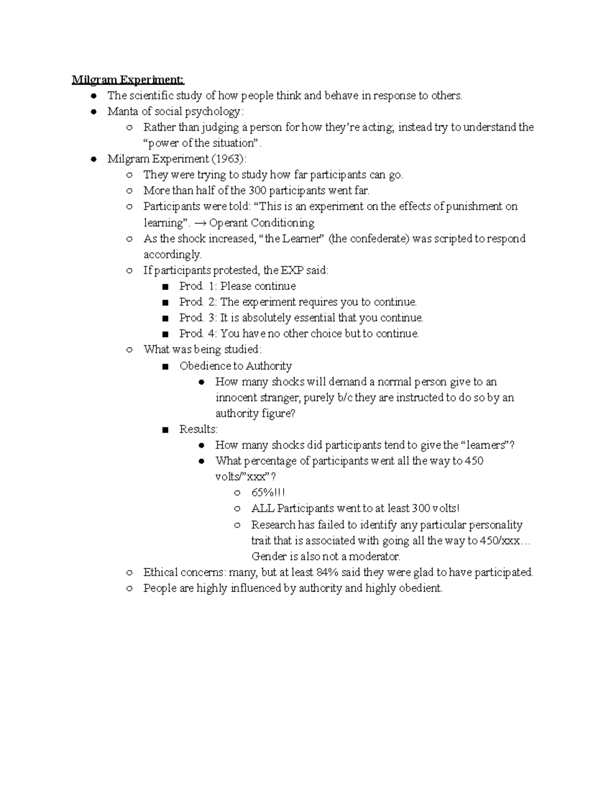 PSYC 1315 - note on Milgram experiment - Milgram Experiment: The ...