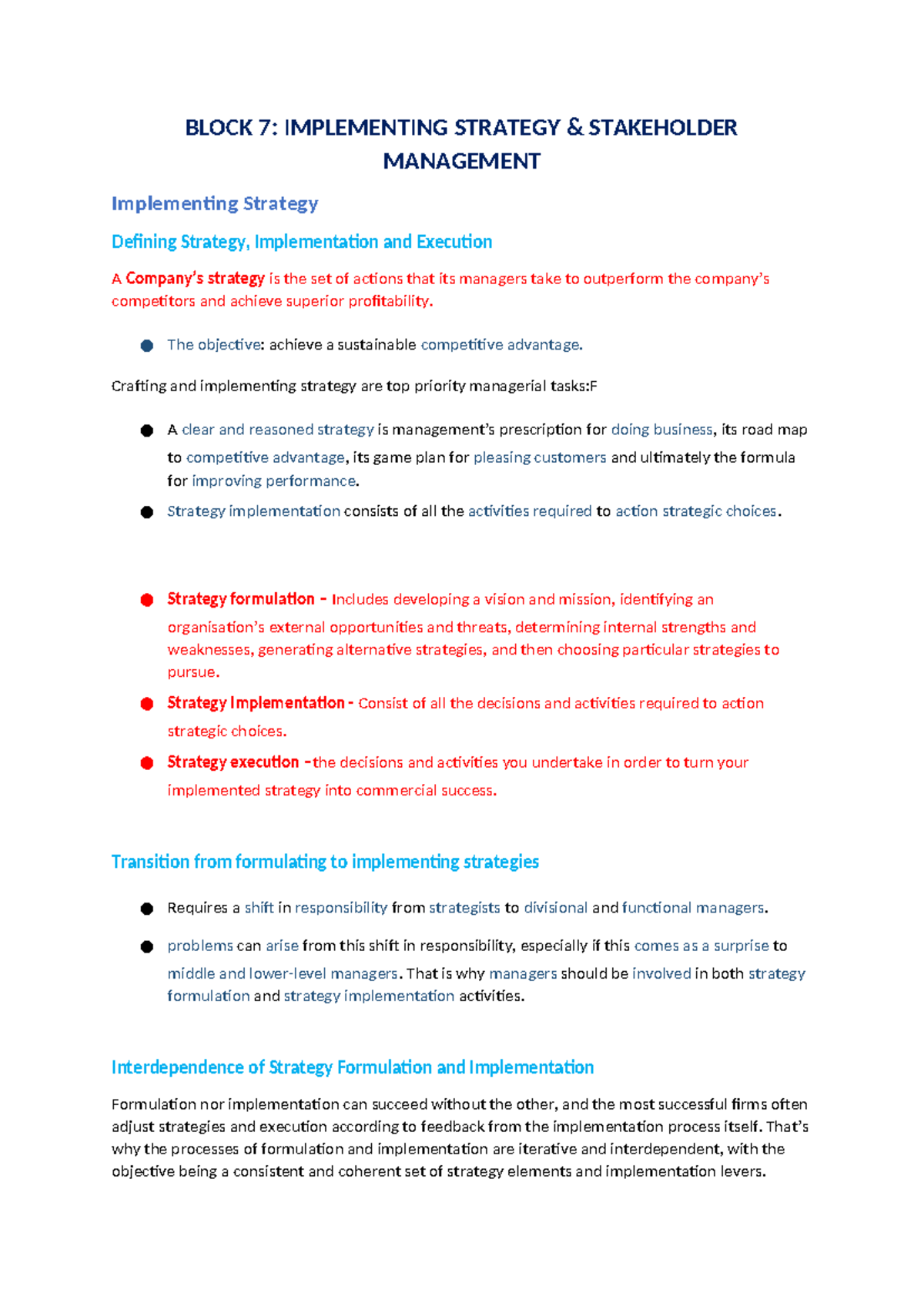 Block 7 - BLOCK 7: IMPLEMENTING STRATEGY & STAKEHOLDER MANAGEMENT ...