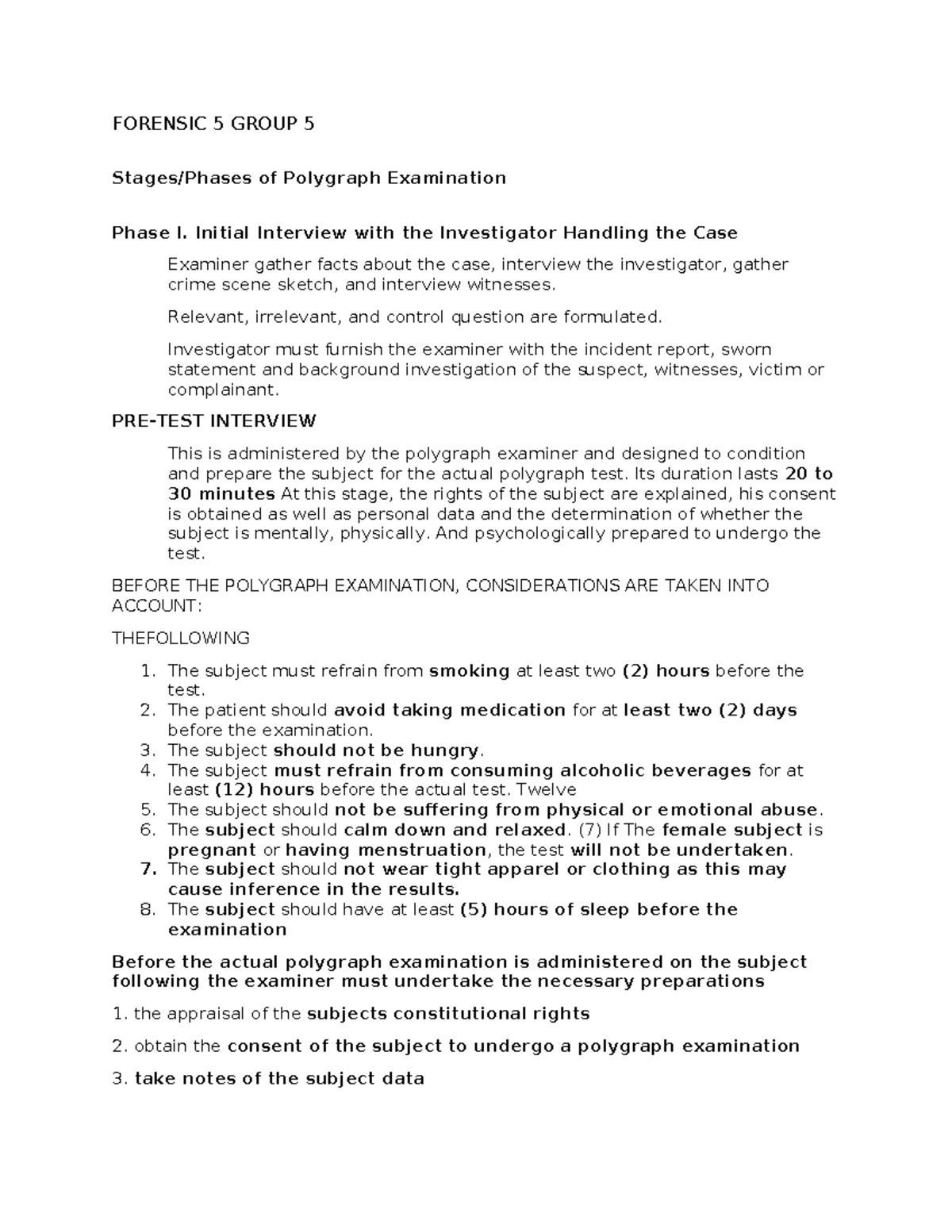 Forensic 5 Reviwer - FORENSIC 5 GROUP 5 Stages/Phases of Polygraph ...