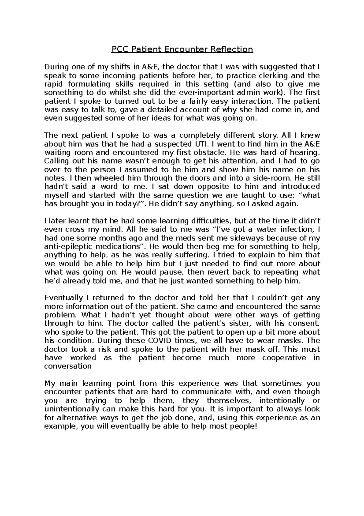 PCC Patient Encounter Reflection - The first patient I spoke to turned ...