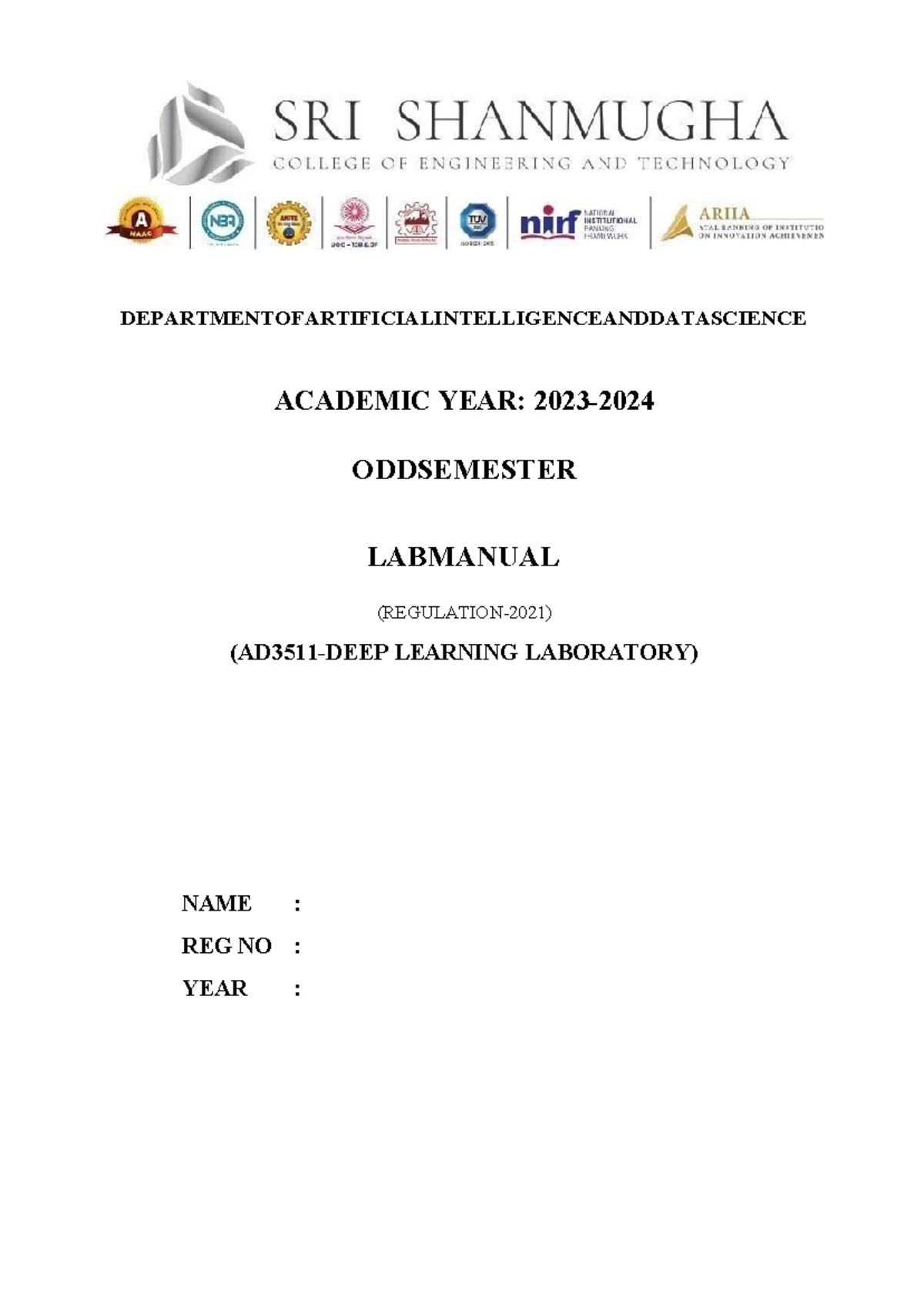 AD3511 DEEP Learning LAB - DEPARTMENT: B. ARTIFICIAL INTELLIGENCE AND ...