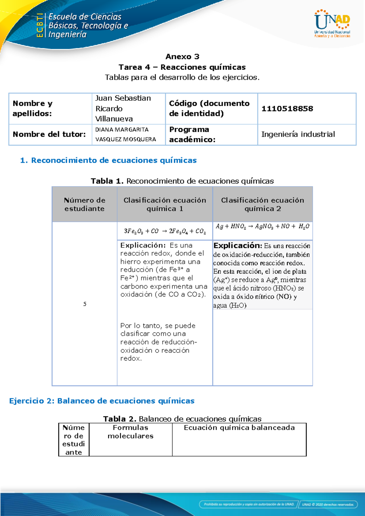Tarea 4 Reaciones quimicas Juan Sebastian Ricardo Villanueva - Anexo 3 Tarea 4 – Reacciones ...