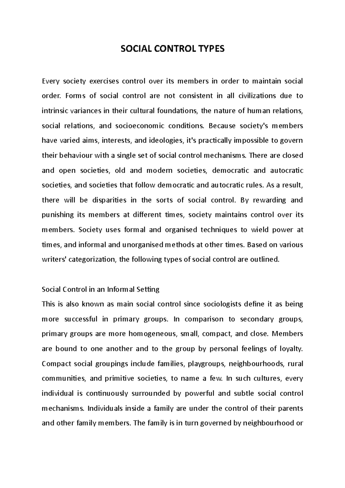 Types OF Social Control - SOCIAL CONTROL TYPES Every society exercises ...