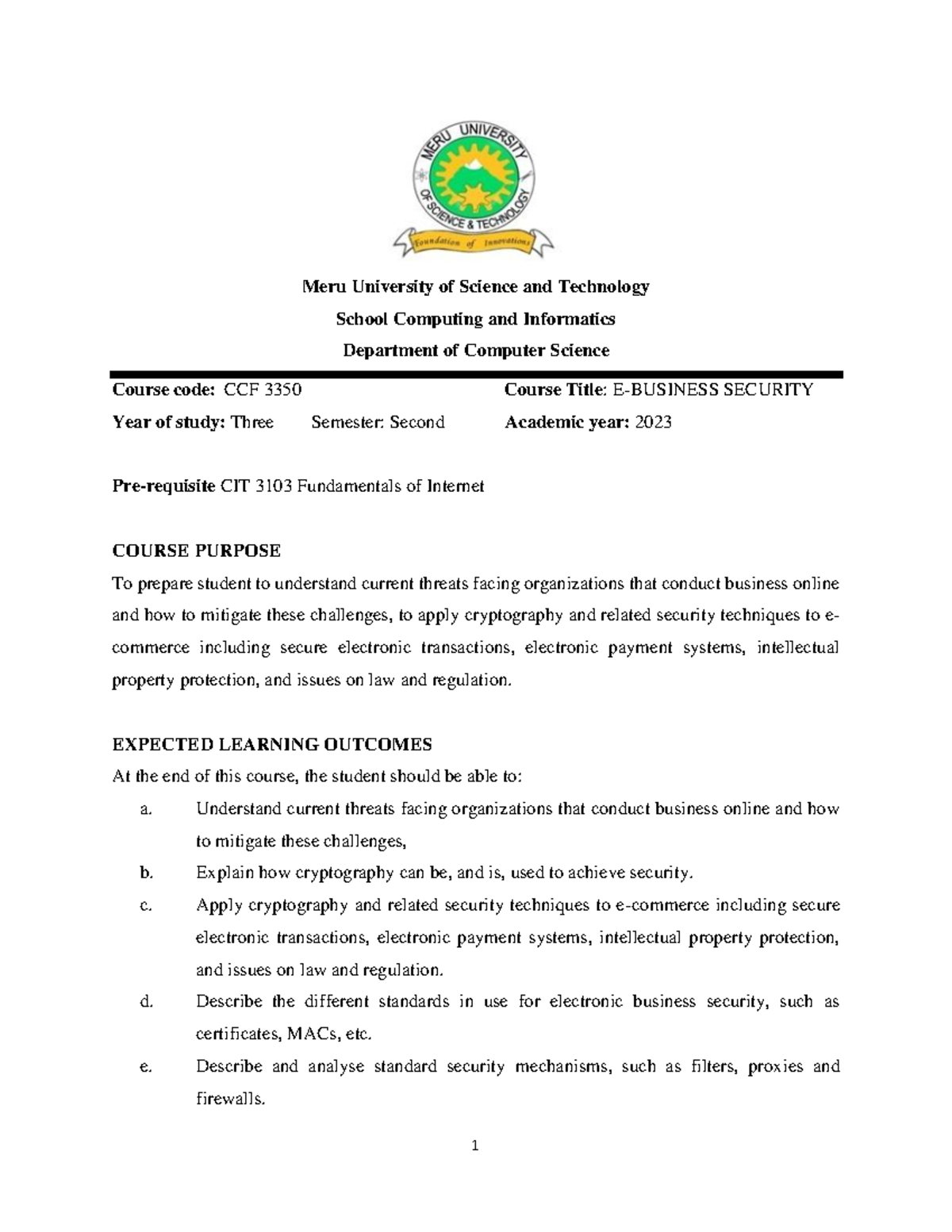 CCF 3350 E Business Security Course Outline Detailed - Meru University ...